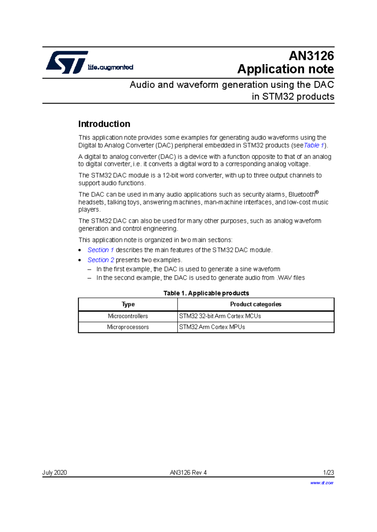 An3126 Audio And Waveform Generation Using The Dac In Stm32 Products Stmicroelectronics July