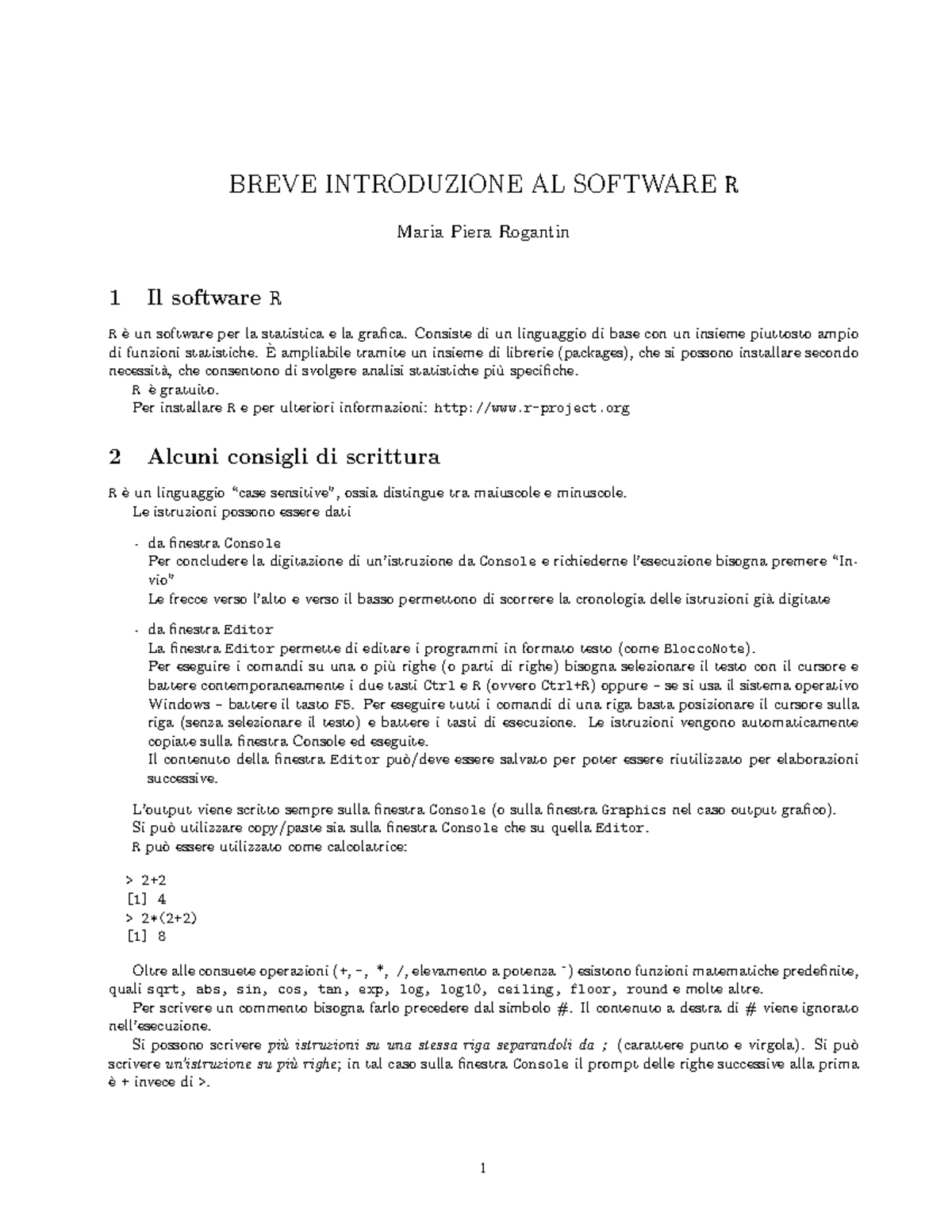 Introduzione R - esercitazione rstudio per l'esame - BREVE INTRODUZIONE ...