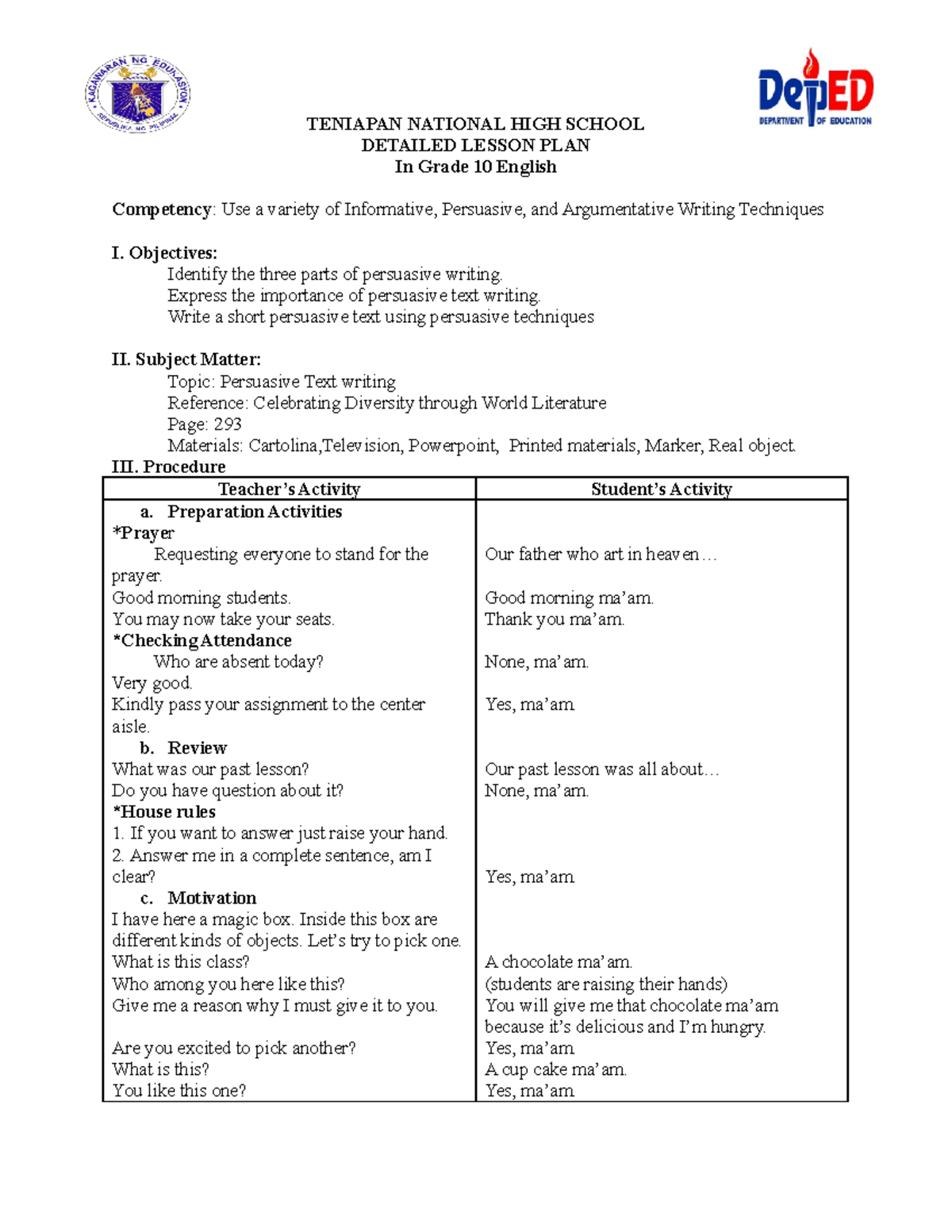 Detailed Lesson Plan In English for Demonstration - TENIAPAN NATIONAL ...