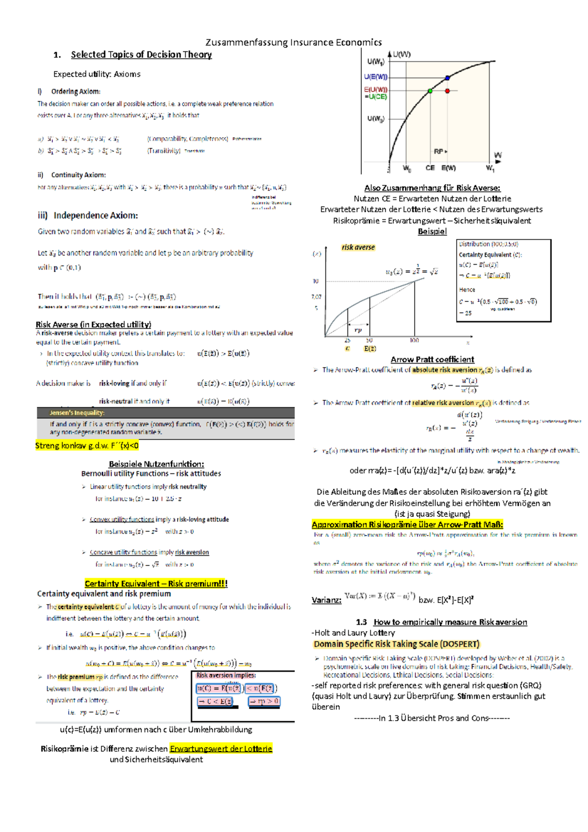 Zusammenfassung Insurance economics - 1. Selected Topics of Decision ...