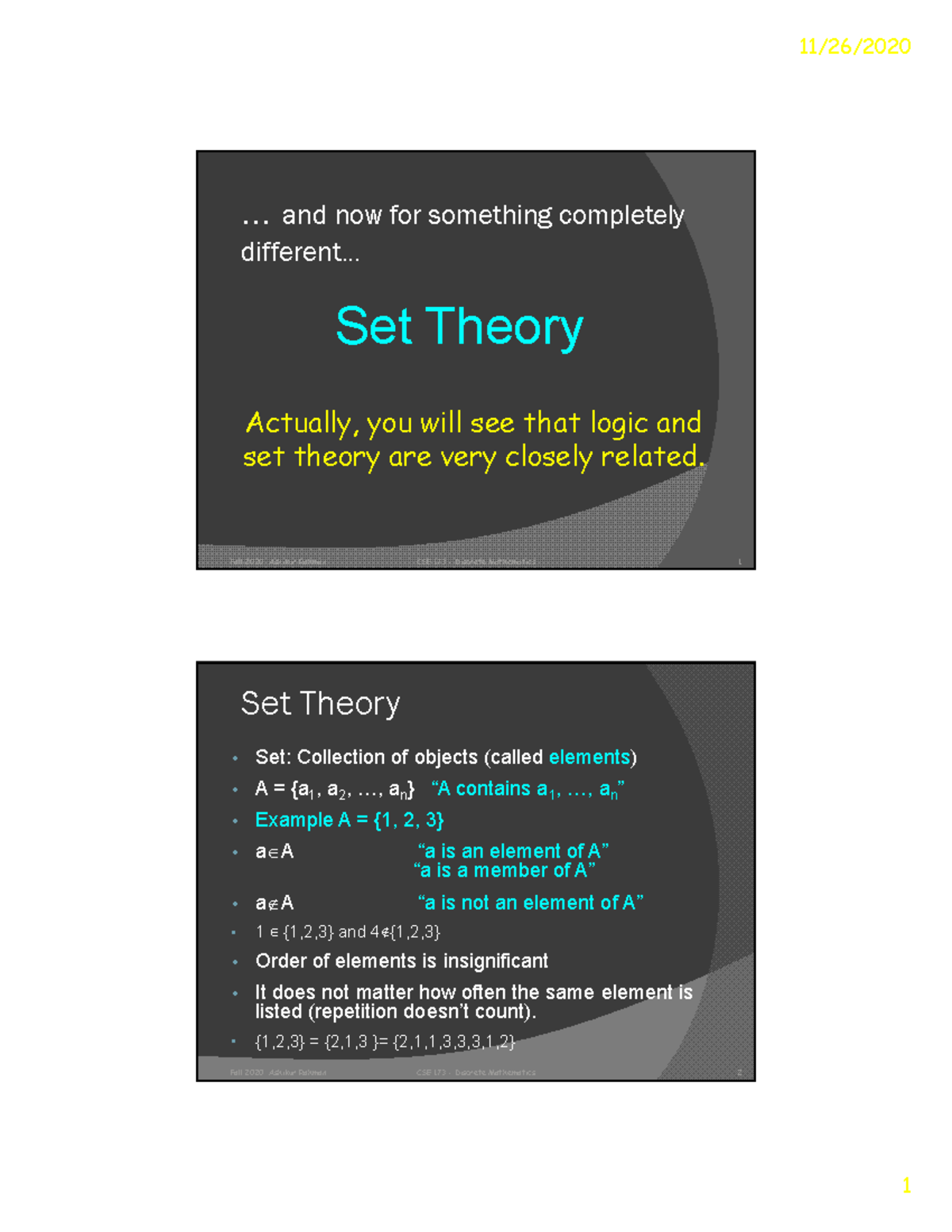 Sets - UAP - ... and now for something completely different... Set Theory Fall 2020: Ashikur ...