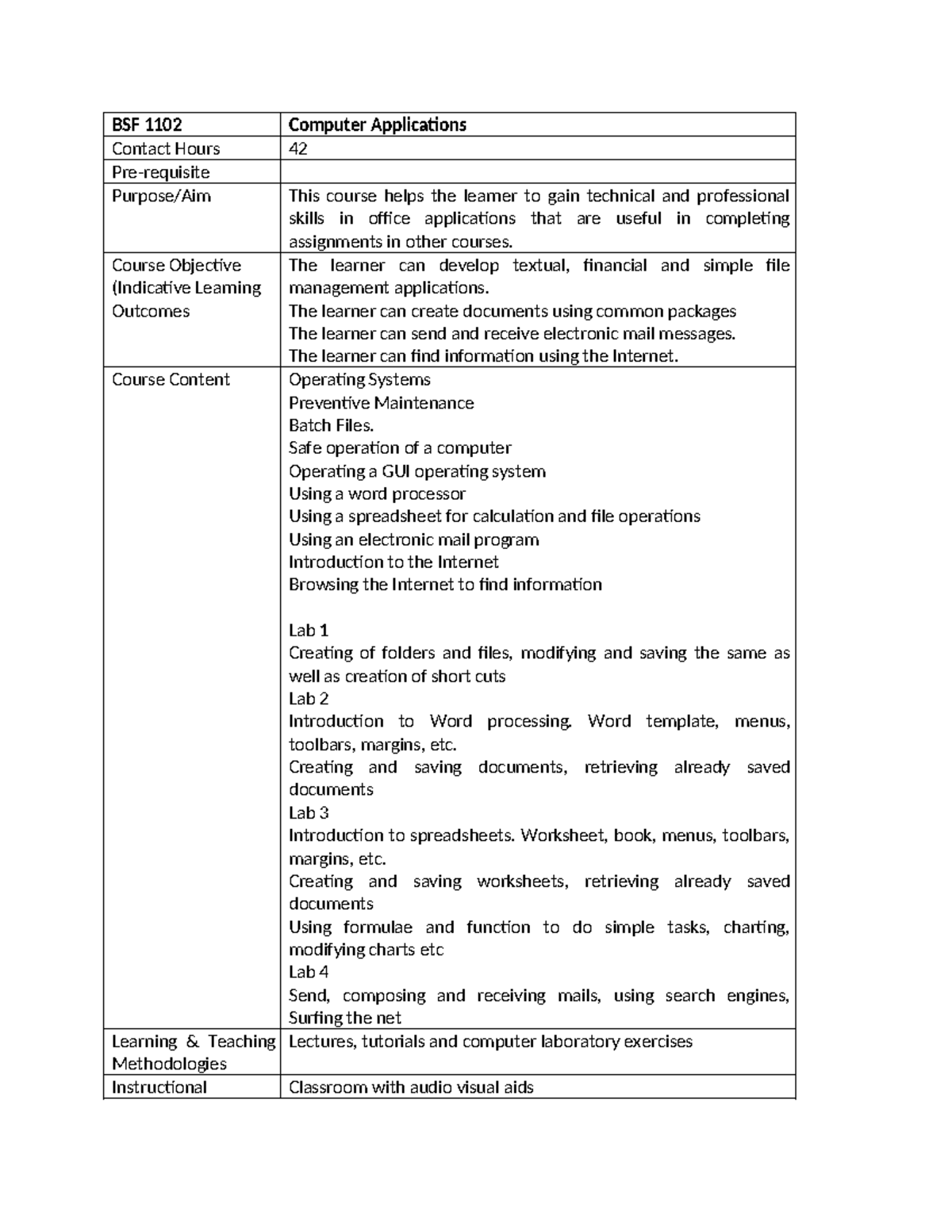 STU 1103 Computer Applications Course Outline - BSF 1102 Computer ...