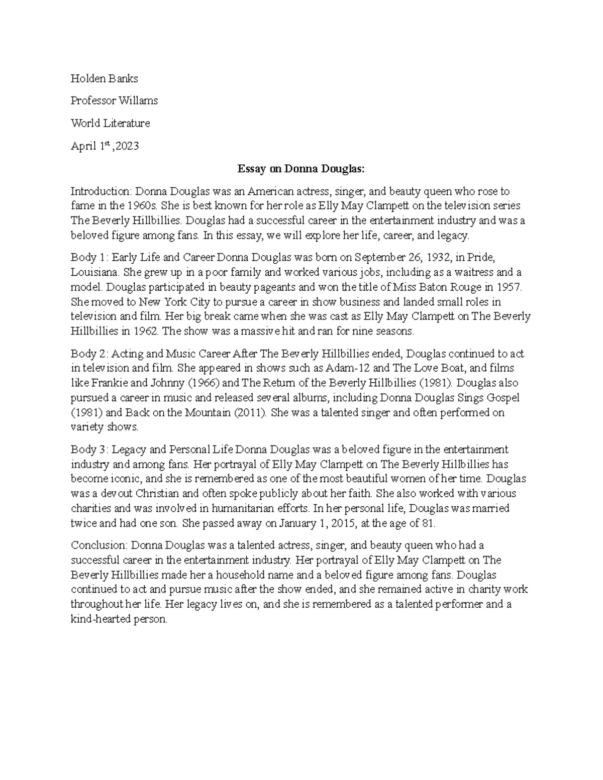 Essay on Donna Douglas - Holden Banks Professor Willams World ...