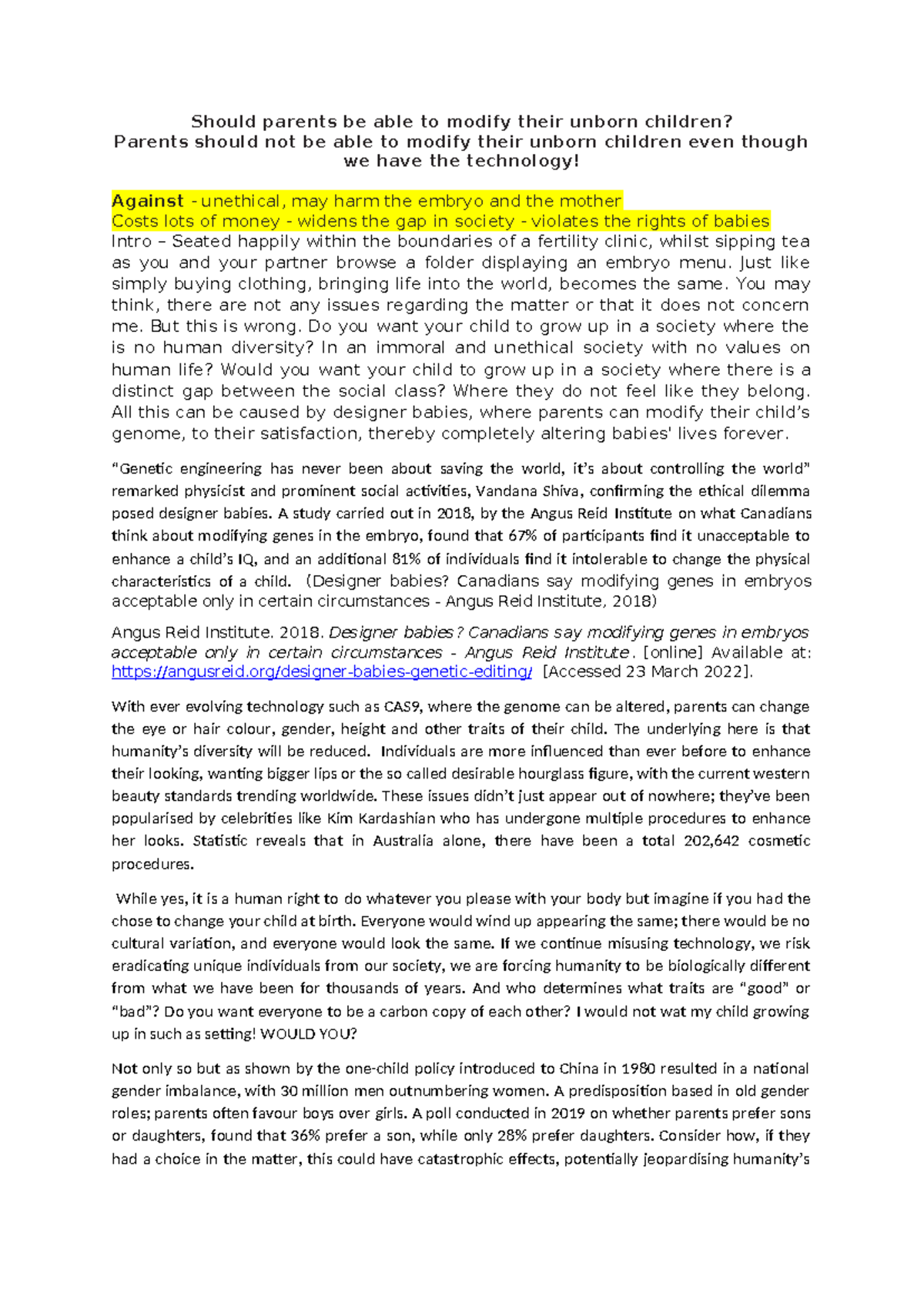 Designer babies argument - Should parents be able to modify their ...