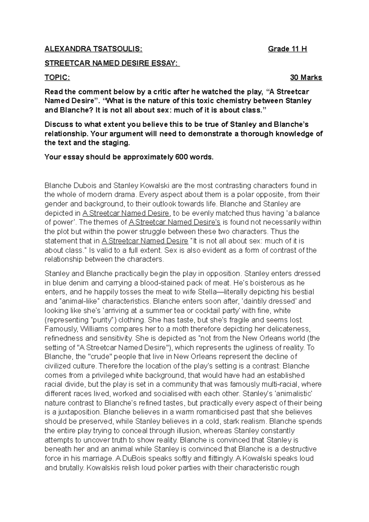 Englis - ALEXANDRA TSATSOULIS: Grade 11 H STREETCAR NAMED DESIRE ESSAY ...