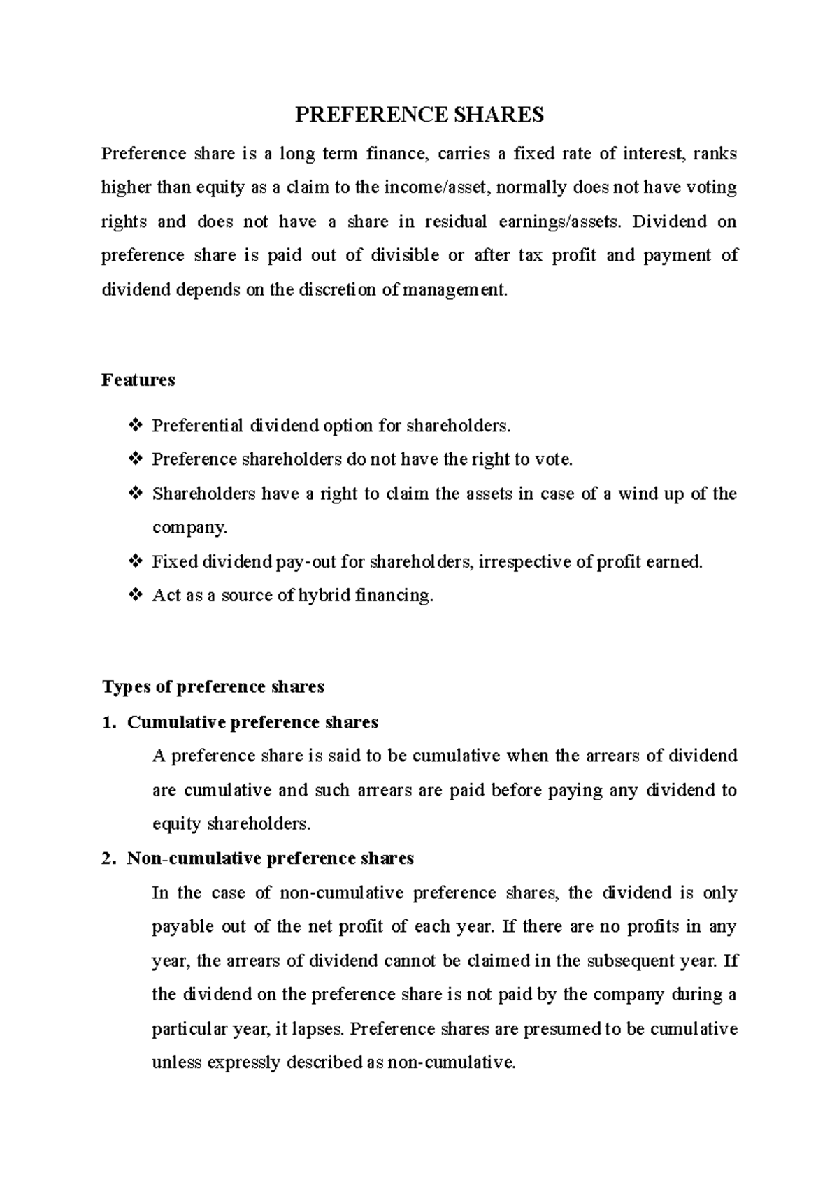Preference Shares, features and types of preference shares - PREFERENCE ...
