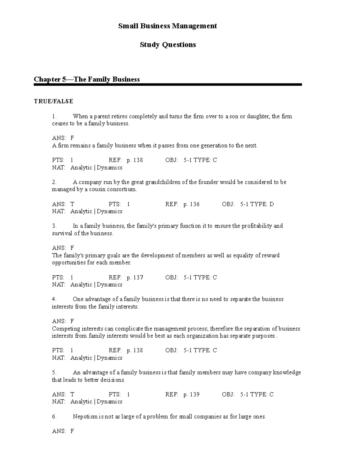 Small Business Management Study Questions - Ch 5 The Family Business ...