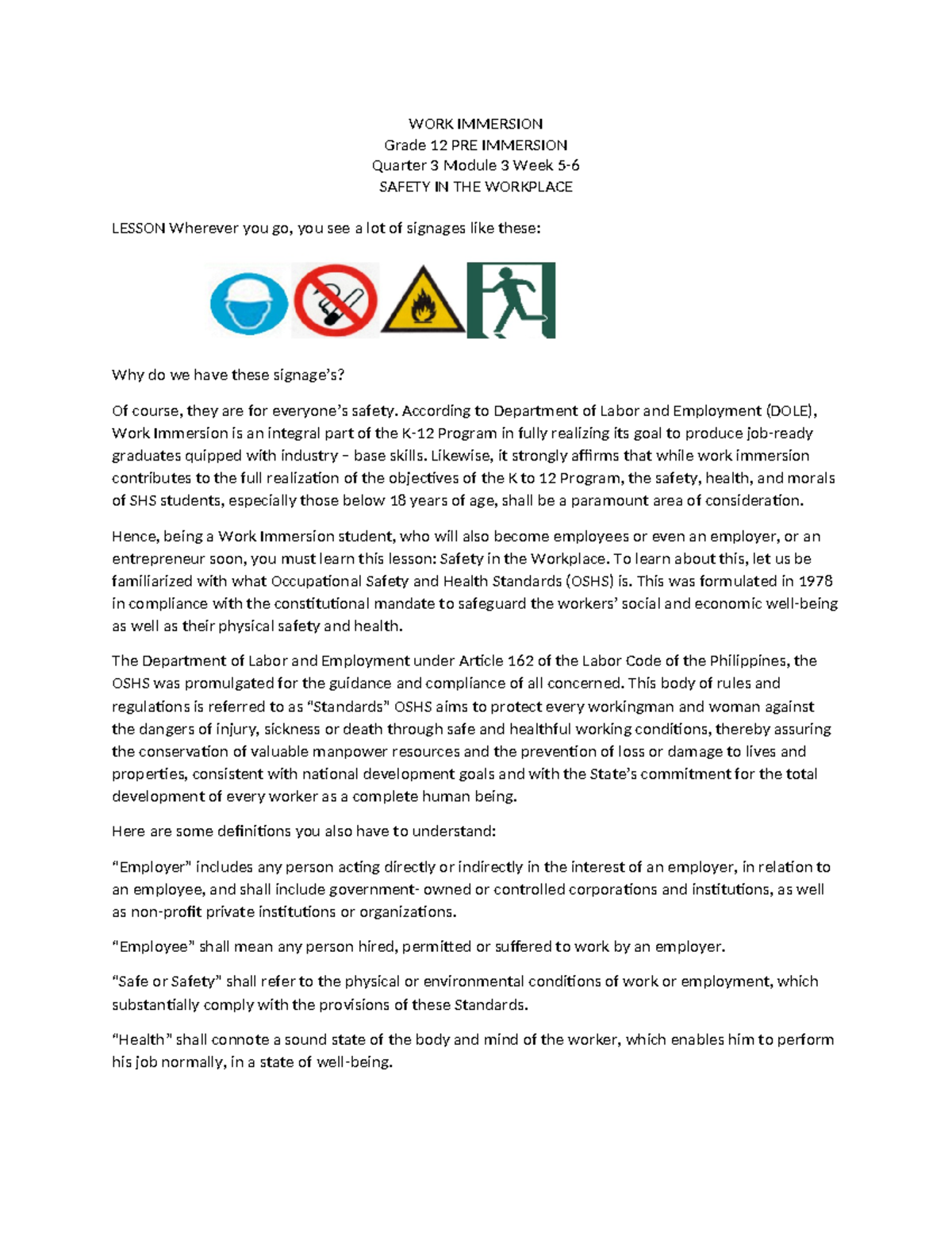 WORK- Immersion-555 - WORK IMMERSION Grade 12 PRE IMMERSION Quarter 3 ...