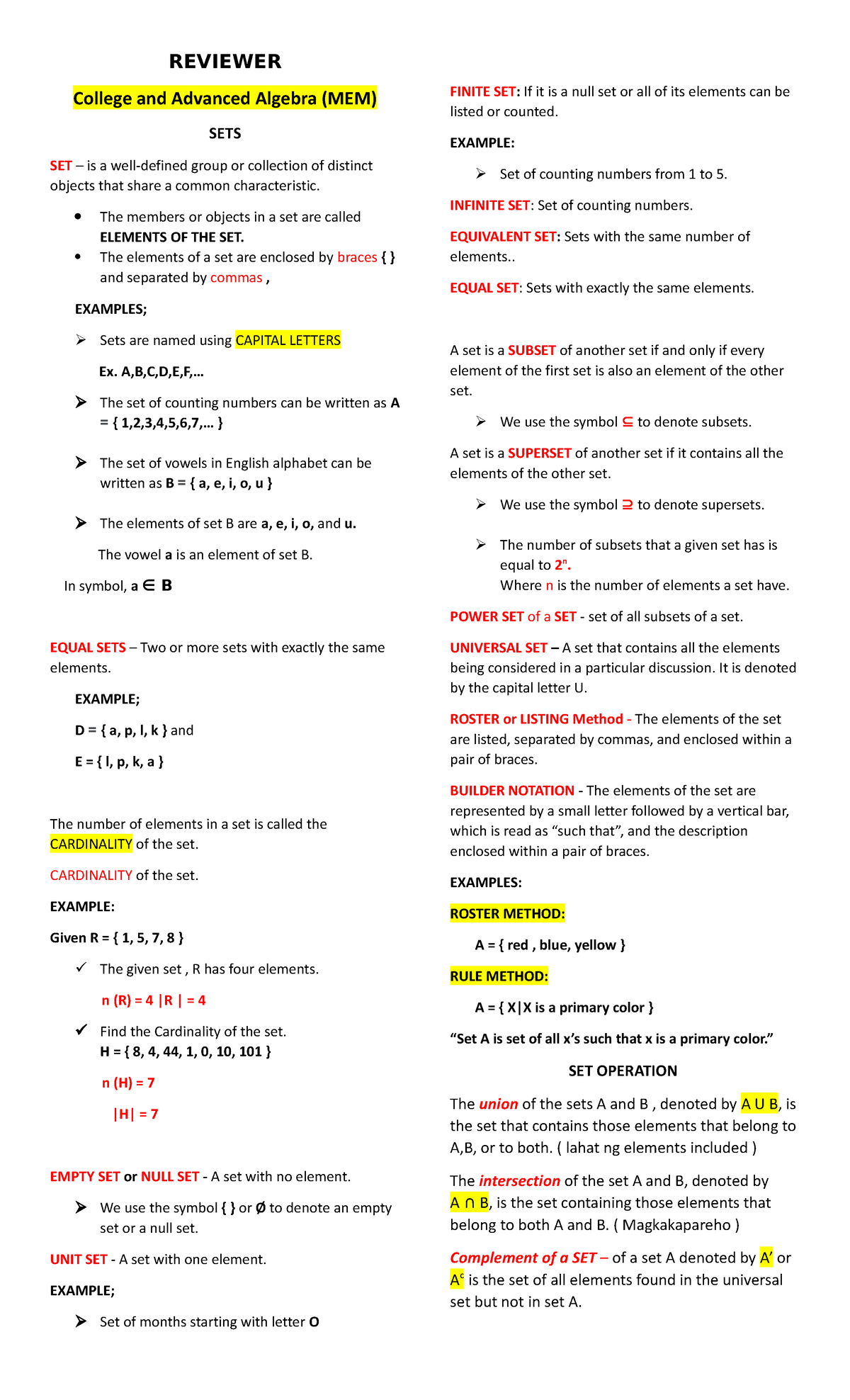 Reviewer-preliminary - REVIEWER College and Advanced Algebra (MEM) SETS SET – is a well-defined ...