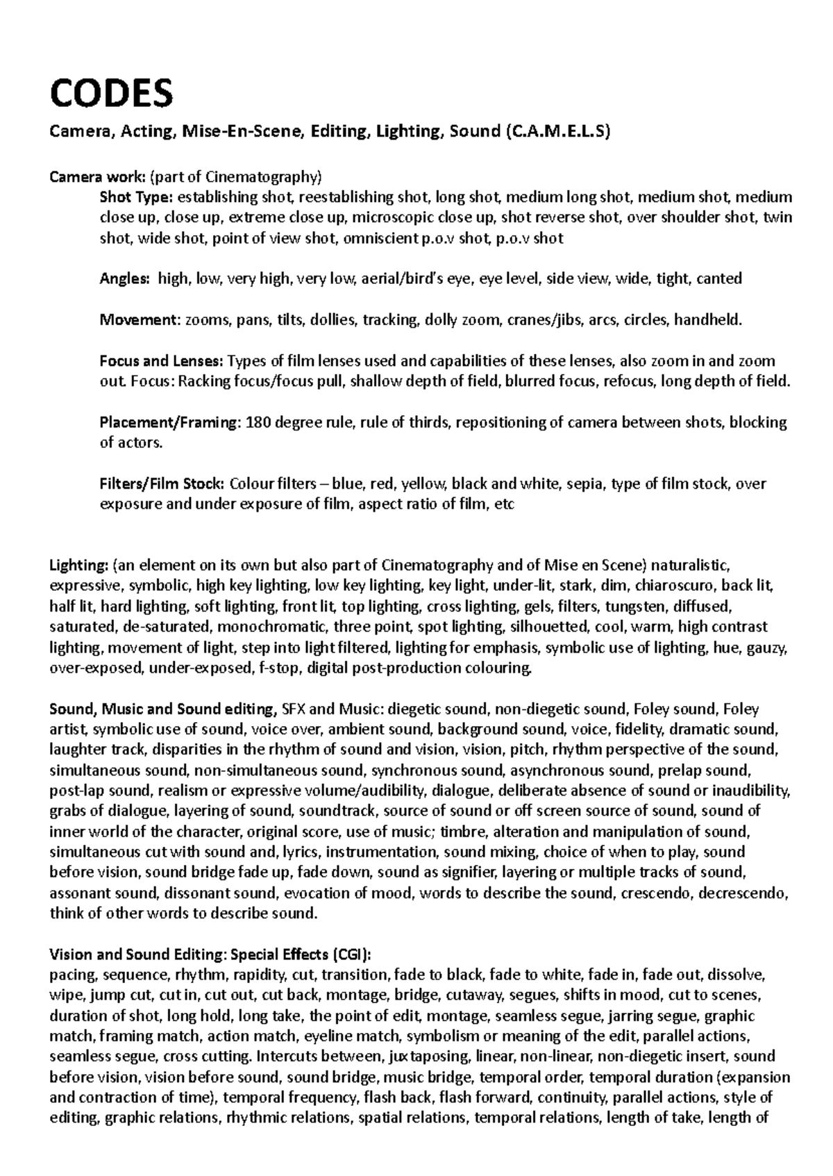 Key Terms - djj - CODES Camera, Acting, Mise-En-Scene, Editing ...