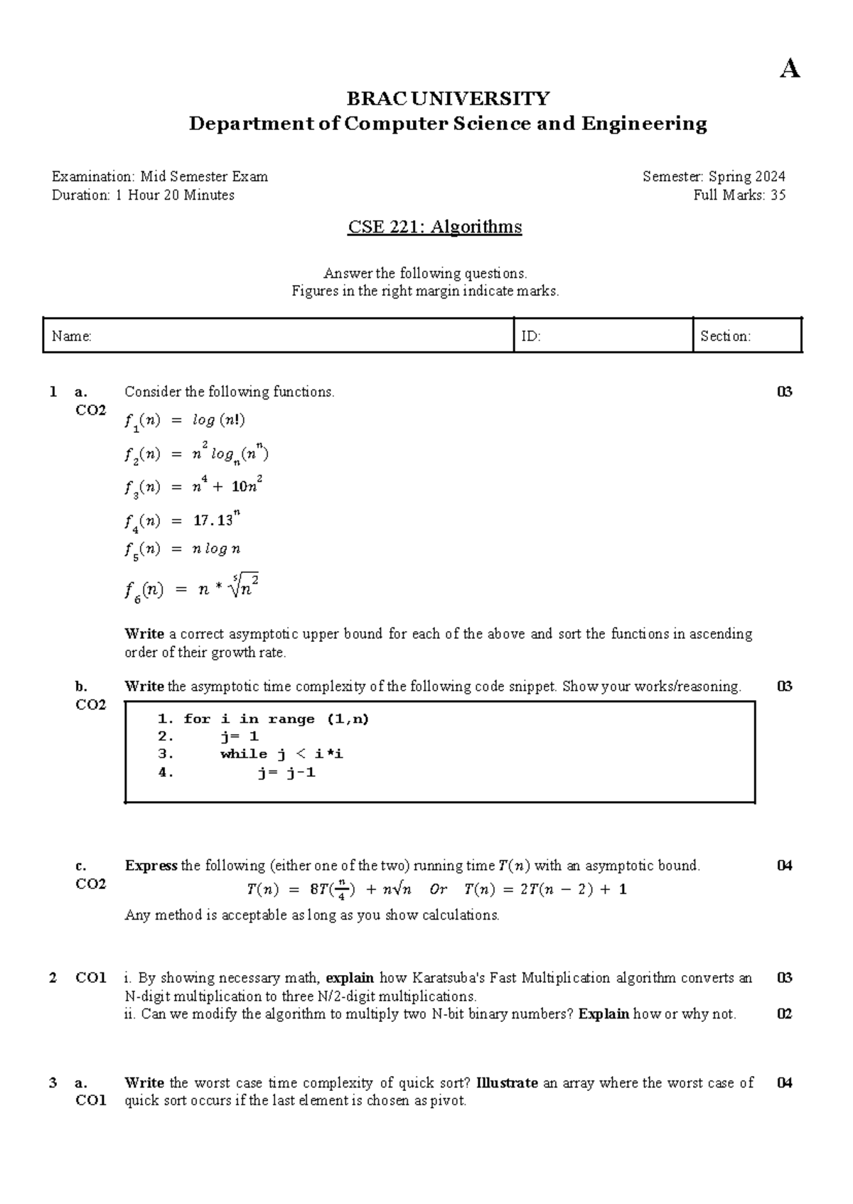 CSE221 midterm question Spring 2024 - A BRAC UNIVERSITY Department of Computer Science and - Studocu