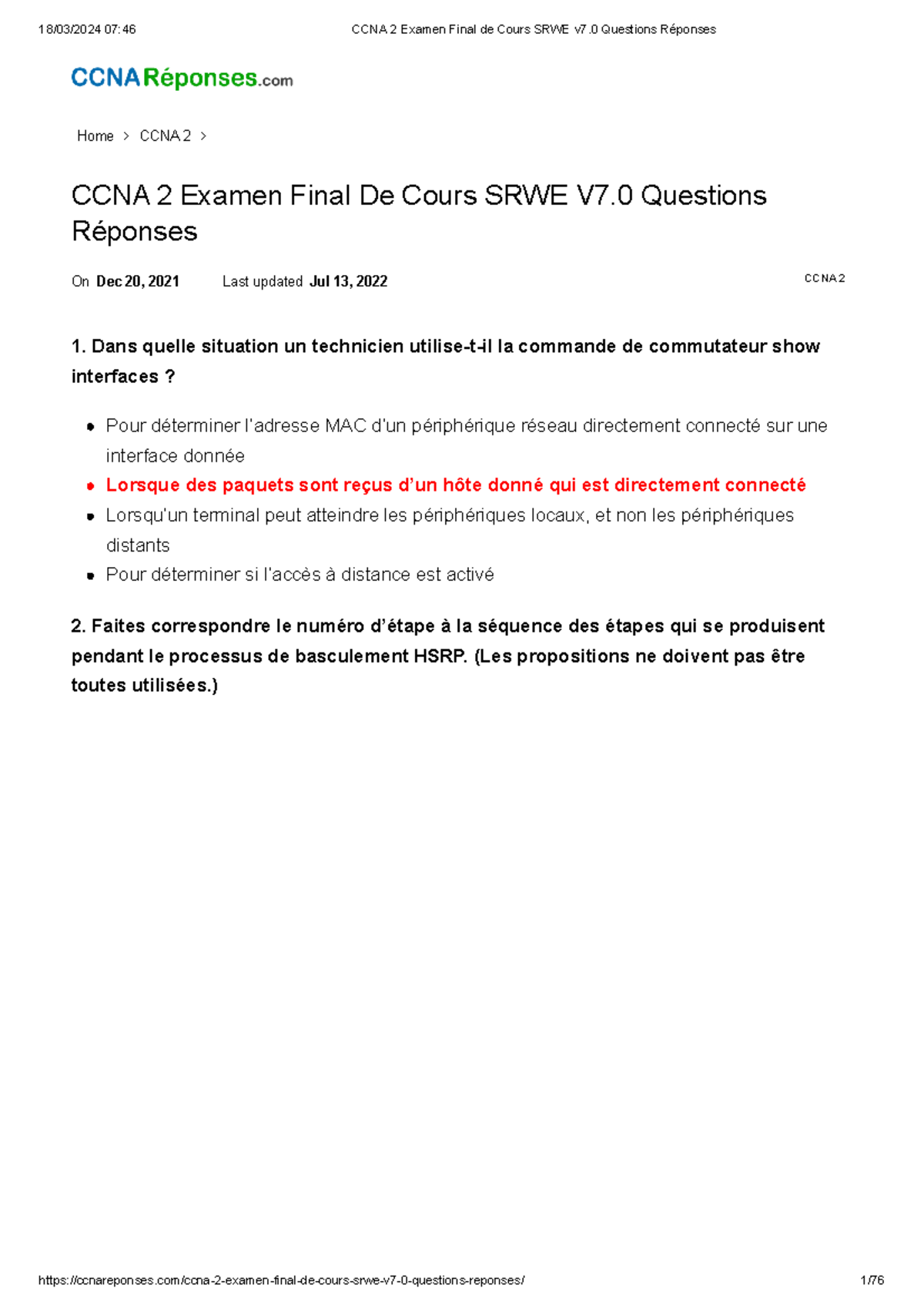 CCNA 2 Examen Final de Cours SRWE v7.0 Questions Réponses - Home CCNA 2 CCNA 2 CCNA 2 Examen ...
