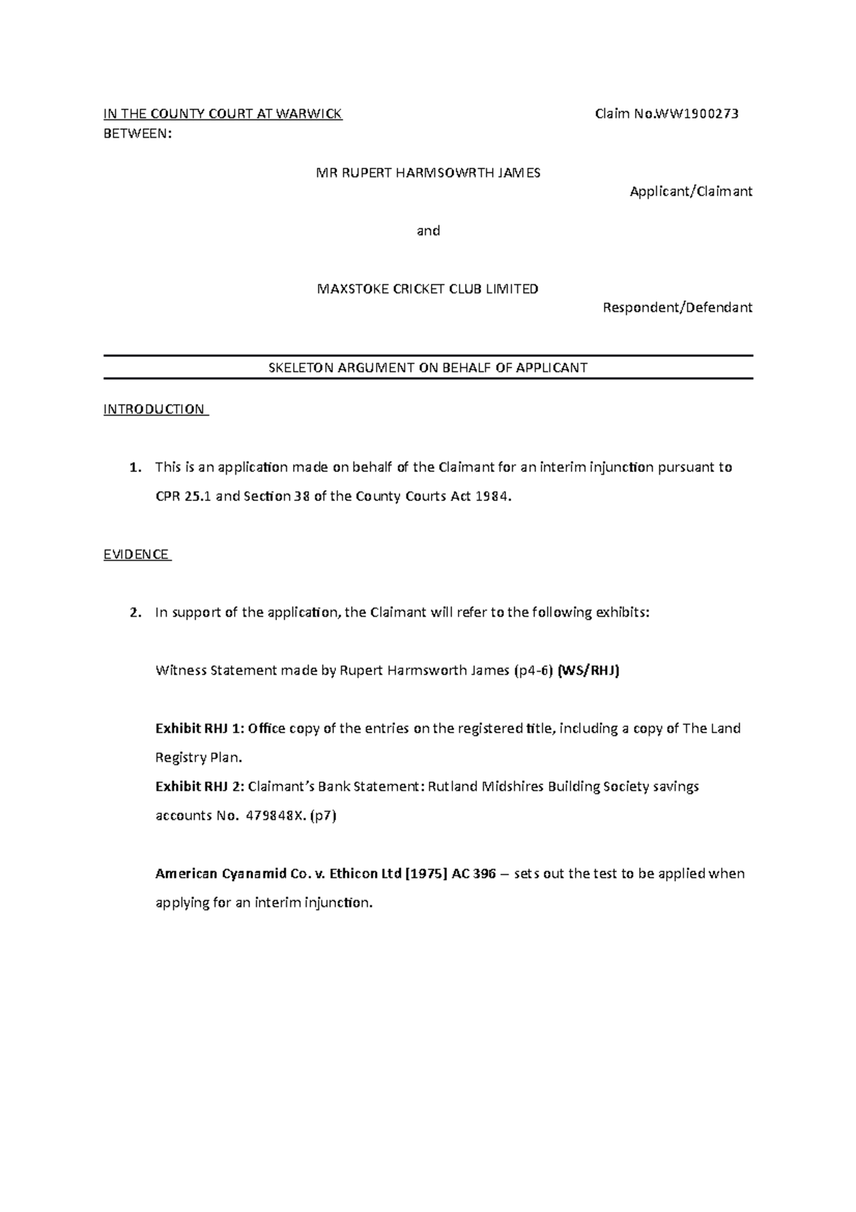 Civil Advocacy Skeleton Argument - IN THE COUNTY COURT AT WARWICK Claim ...