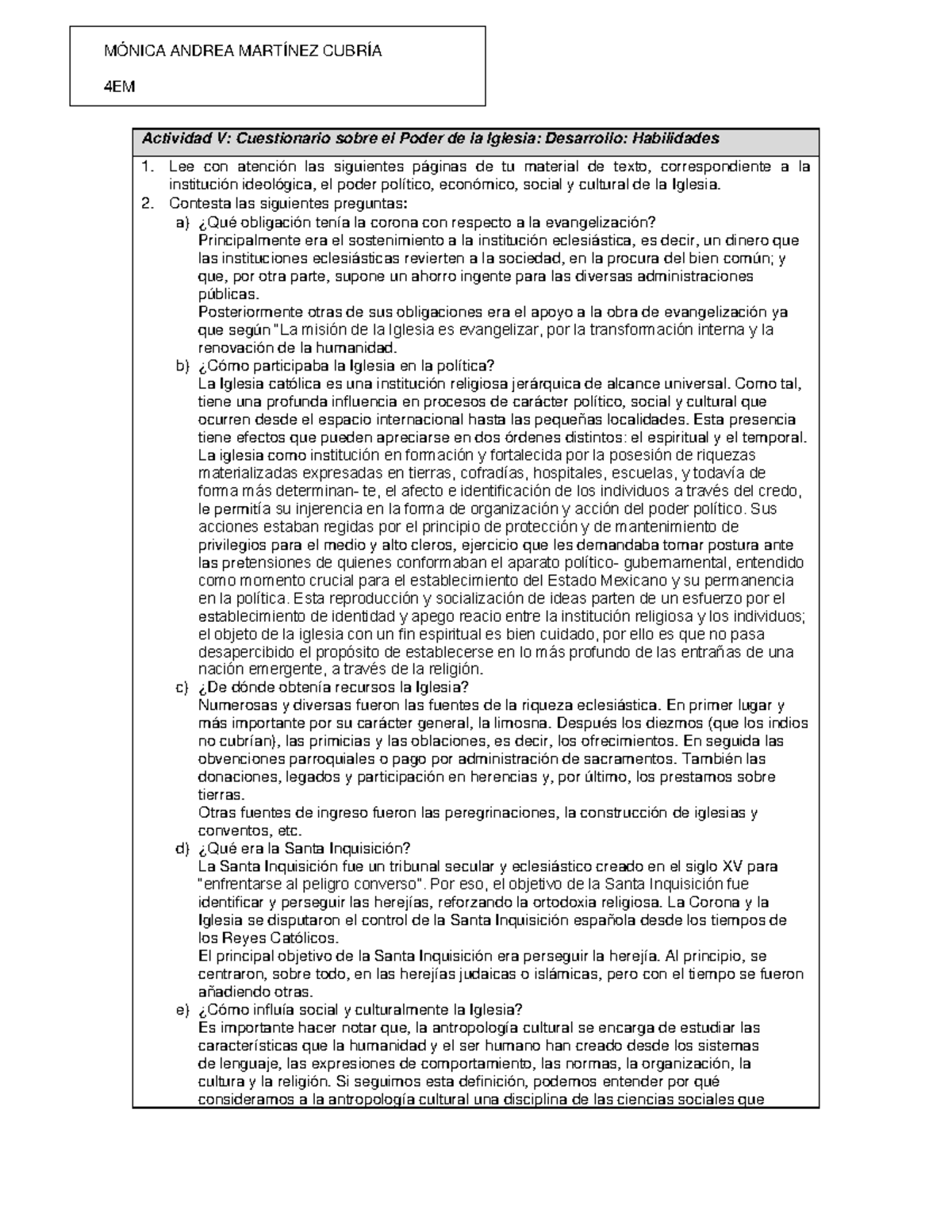 Act V Poder de la Iglesia - Actividad V: Cuestionario sobre el Poder de ...