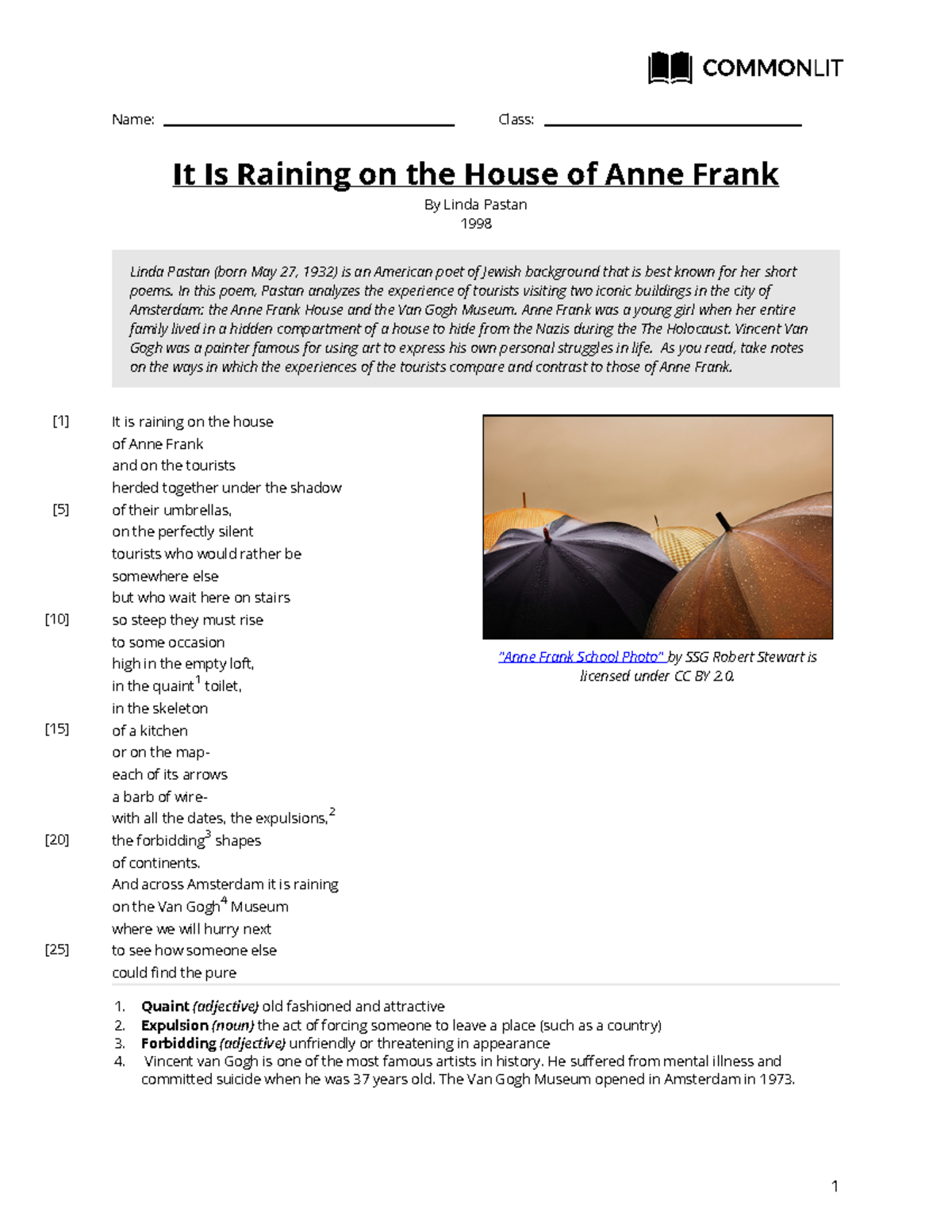 It Is Raining on the House of Anne Frank-teacher-12 - Name: Class ...