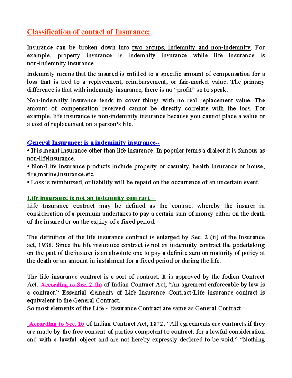 Classification of contract of insurance - Classification of contact of ...