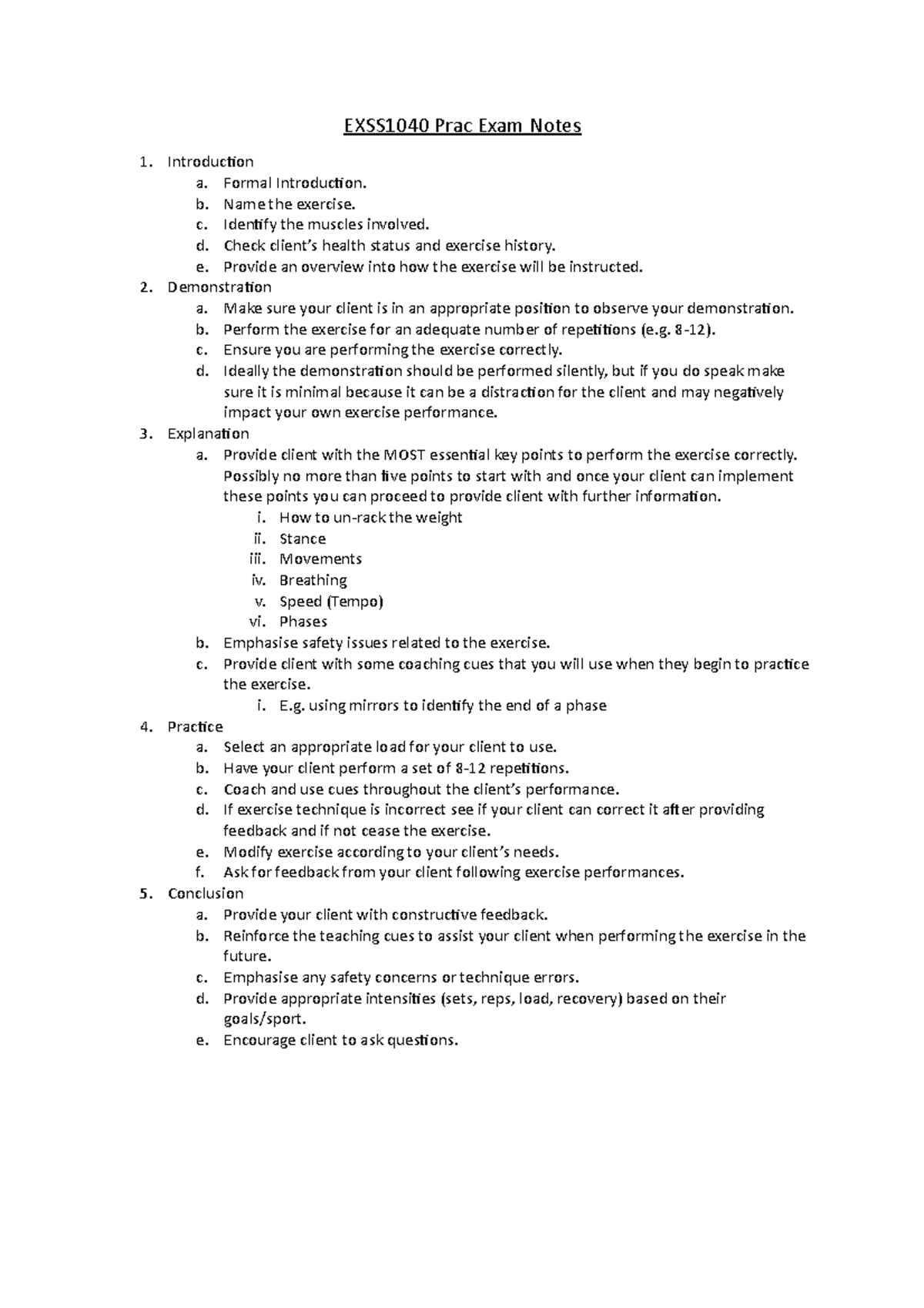 Practical Exam Notes (Lession Layout and all movements) - EXSS1040 Prac ...
