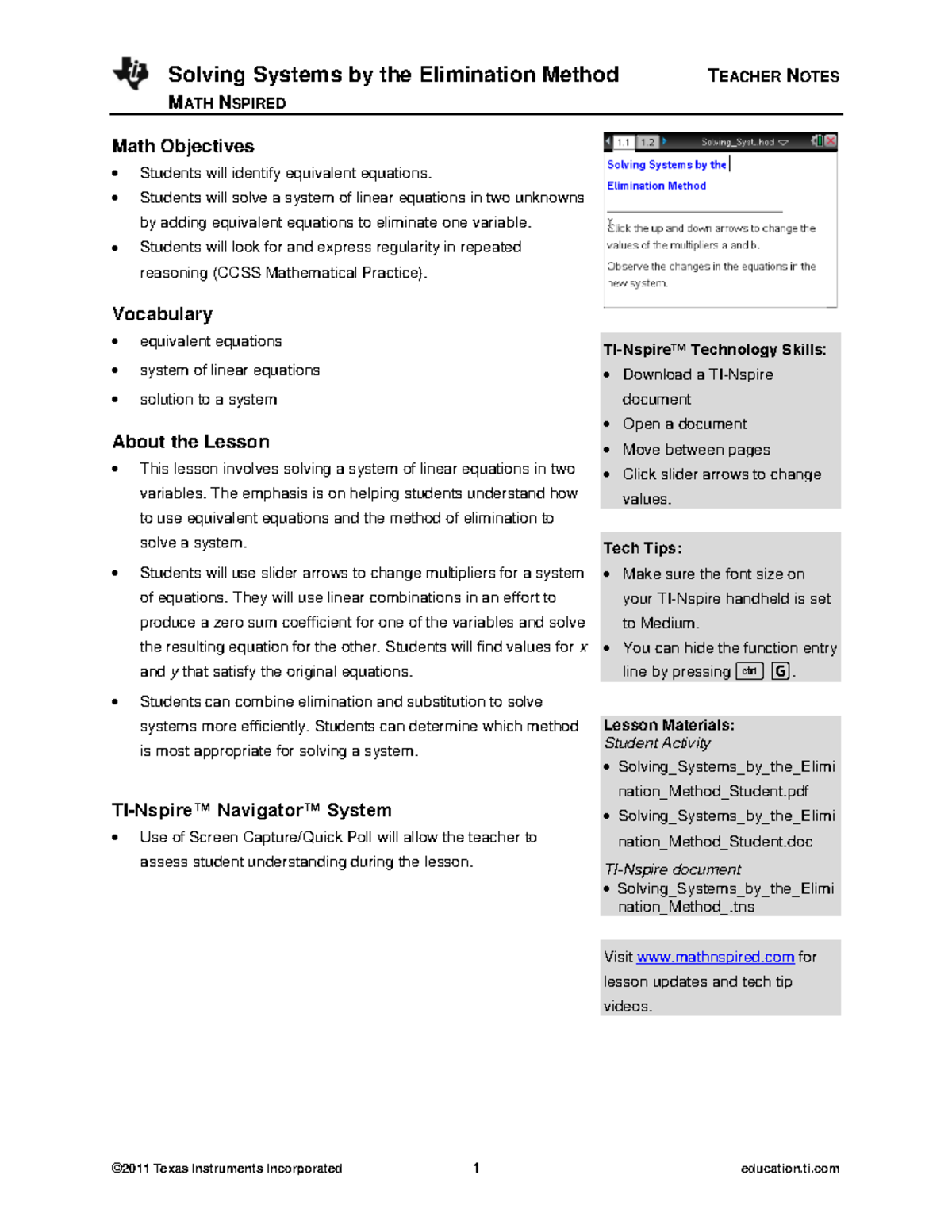 Solving Systems by the Elimination Method Teacher - MATH NSPIRED Math ...