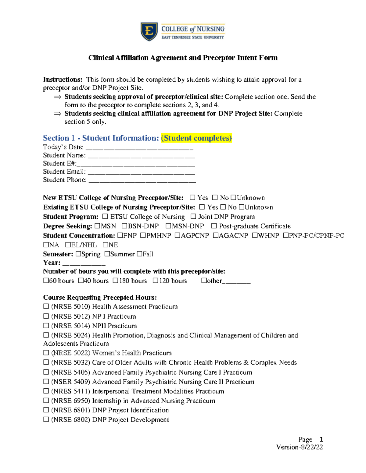 Preceptor and clinical agency on-boarding form - Page 1 Clinical ...