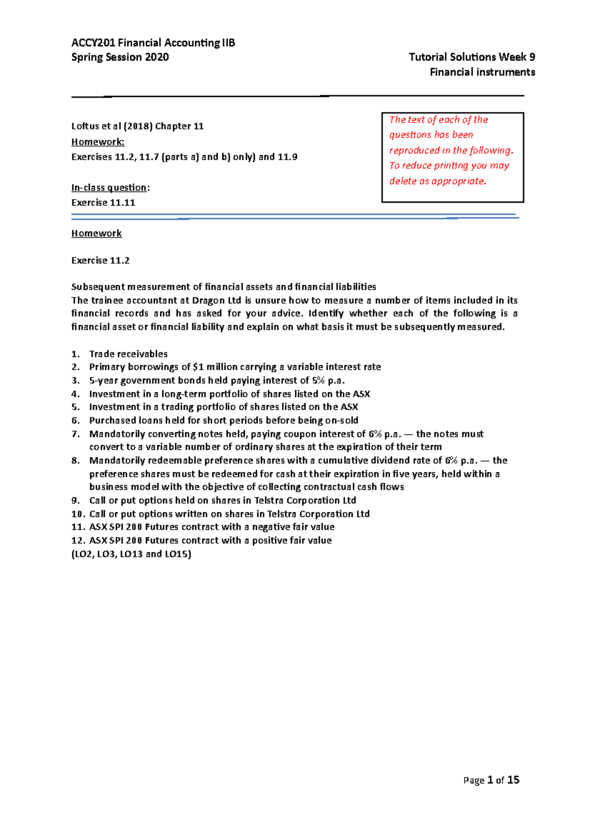 W9 tutorial solutions Financial Instruments (11) - Spring Session 2020 ...