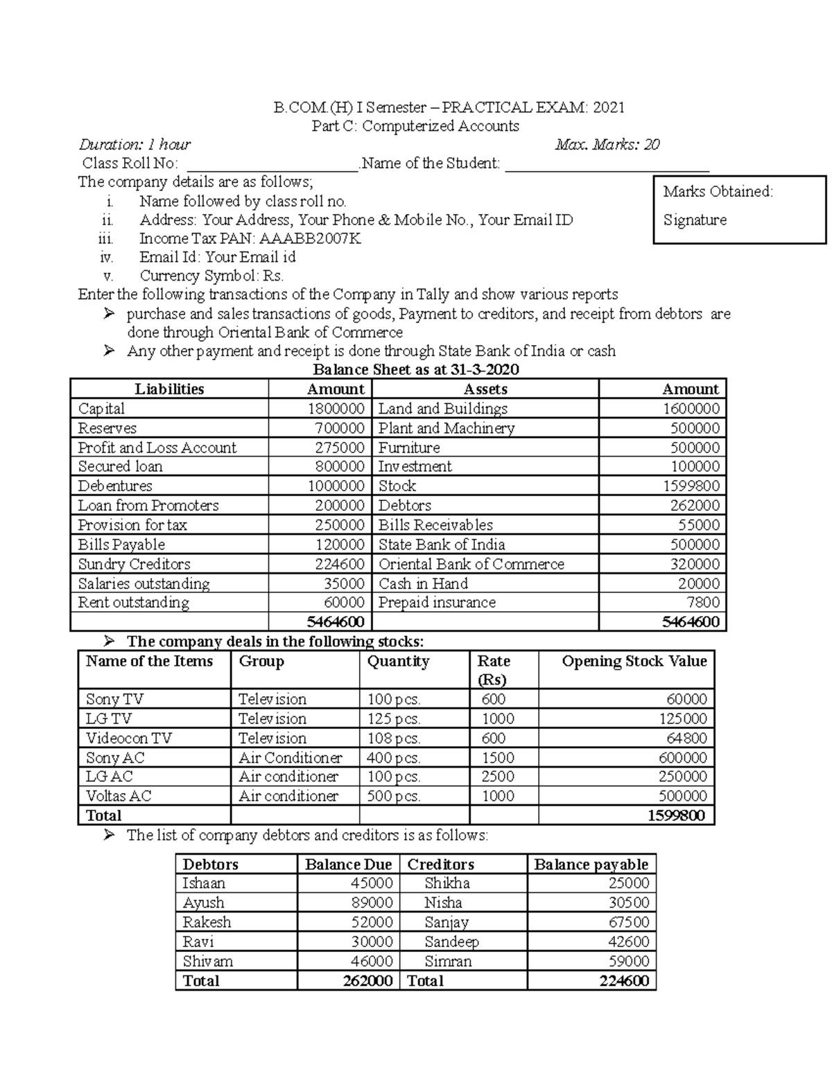 Tally paper 2 revised - read it - B.(H) I Semester – PRACTICAL EXAM ...
