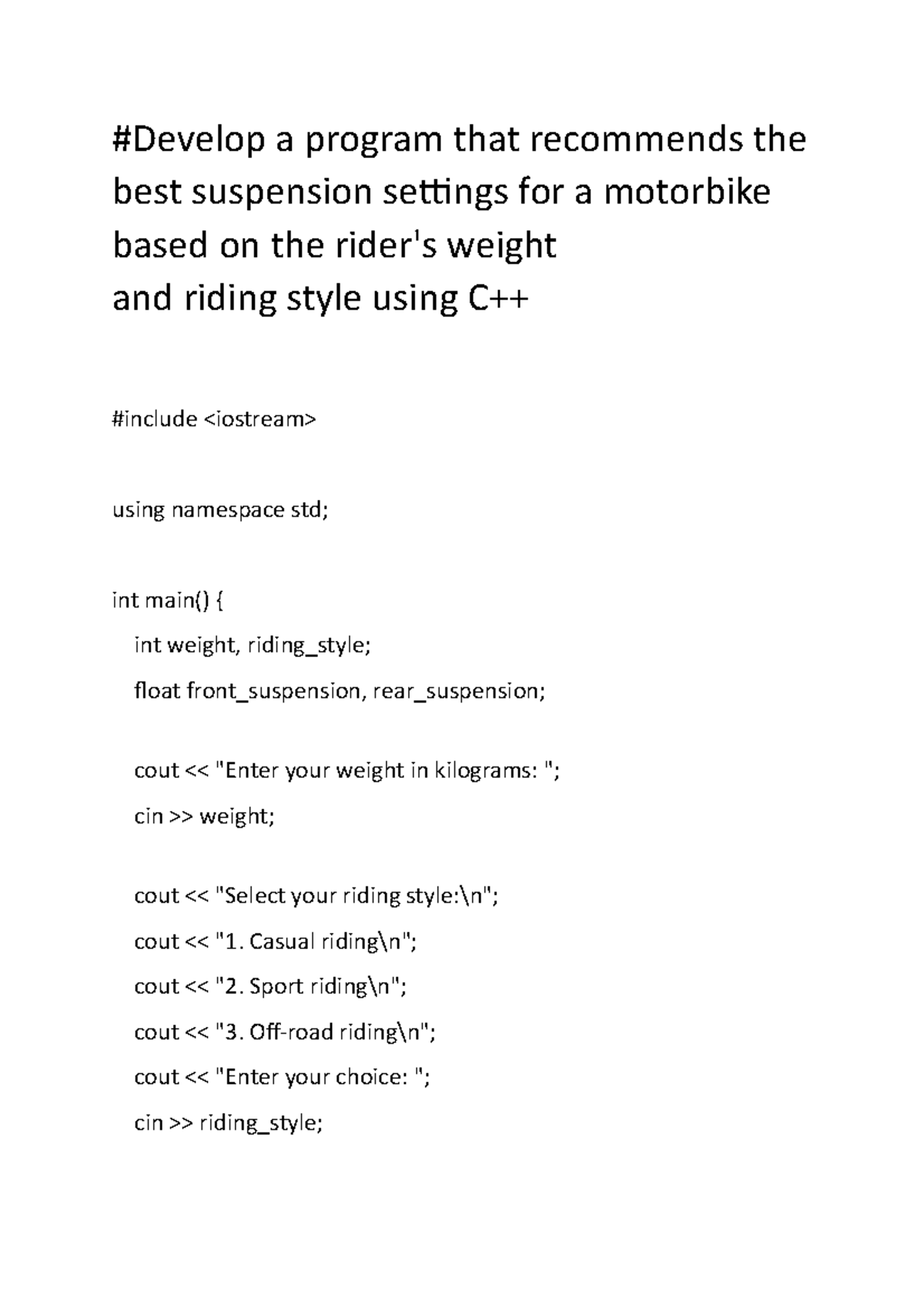 Motorbike based on the rider-c++ - #Develop a program that recommends ...