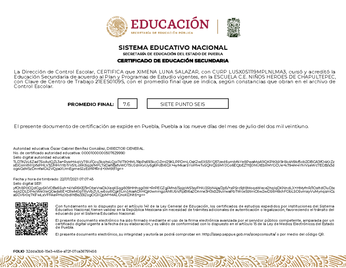 Certificado xime - Hgcghh - SISTEMA EDUCATIVO NACIONAL SECRETARÍA DE ...