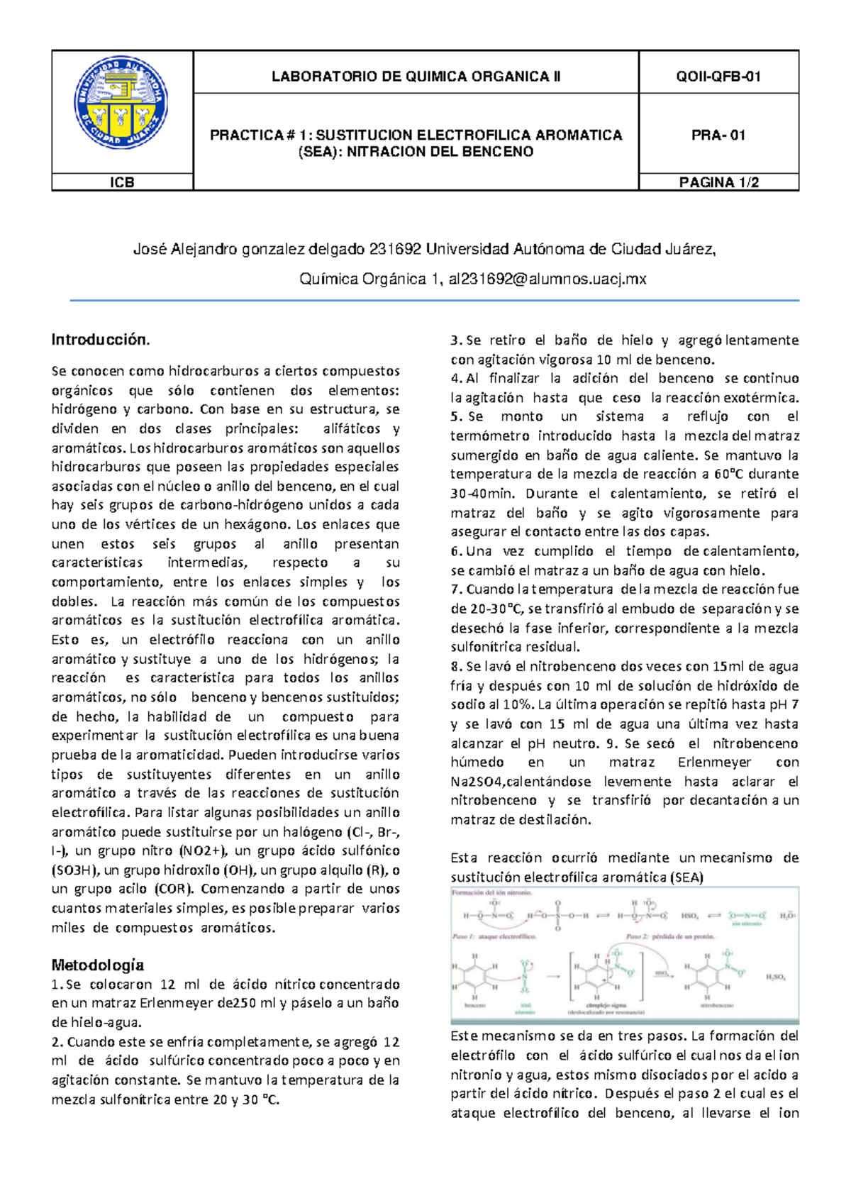 Practica 1 Organica 2 - LABORATORIO DE QUIMICA ORGANICA ll QOII-QFB- 01 PRACTICA # 1 ...