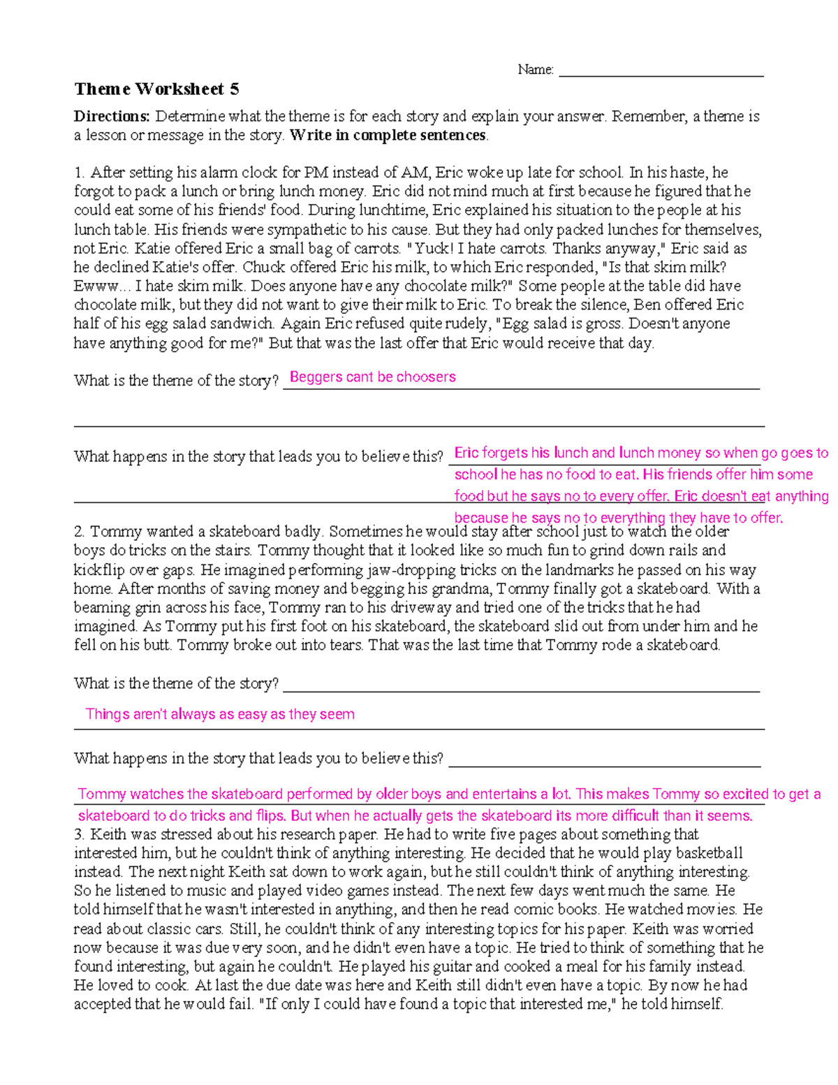 - Theme Worksheet 3 - Name: ______________________________ Theme ...