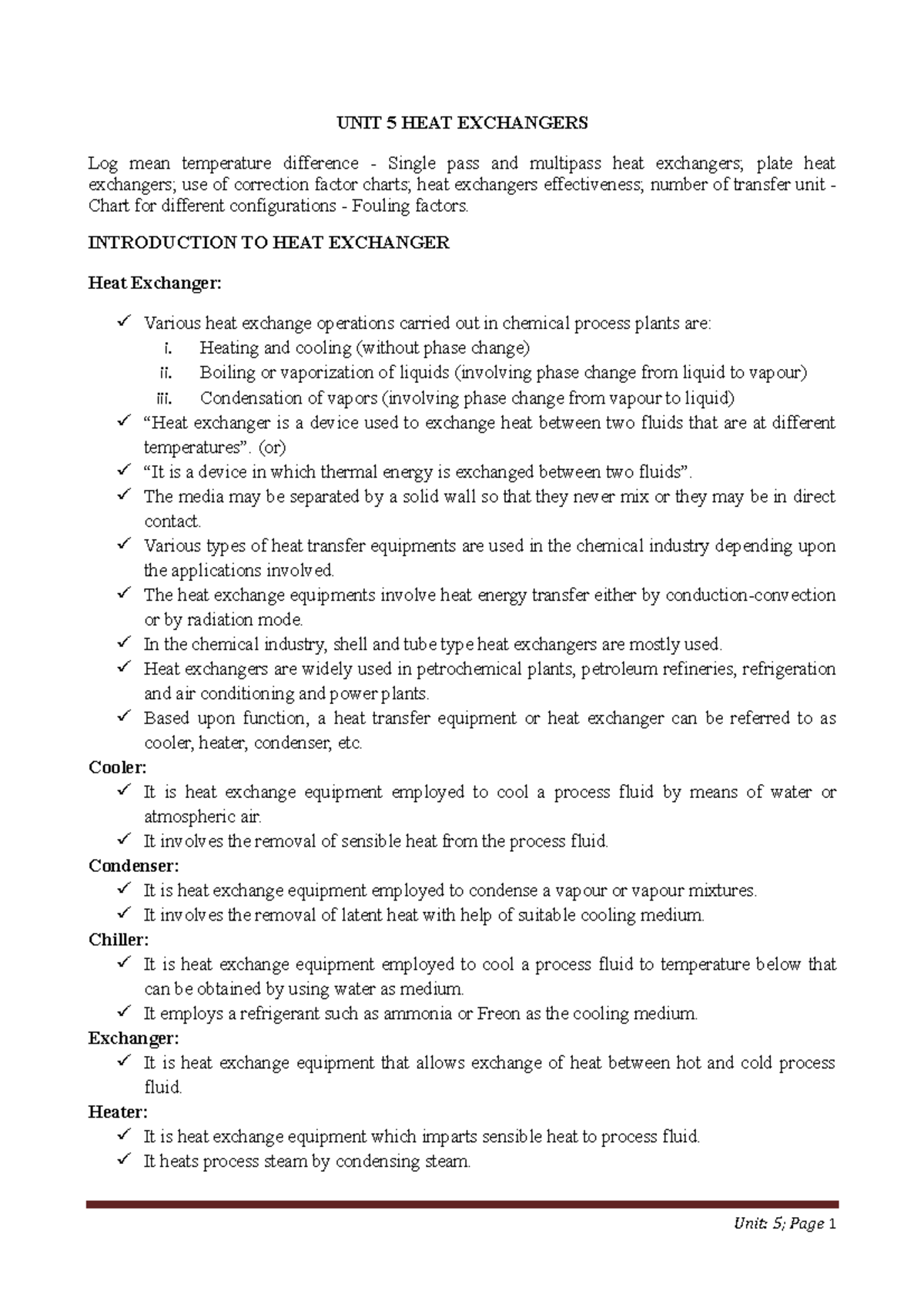 Heat transfer operations unit 5 - UNIT 5 HEAT EXCHANGERS Log mean ...