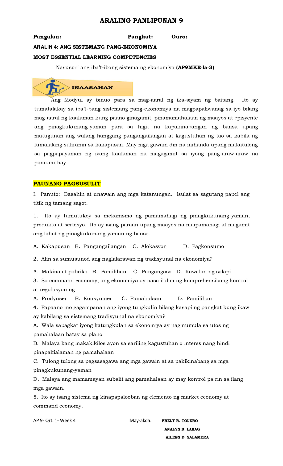 AP 9 Week 4 - HRFGHJ,.;LKJHGFDS - AP 9- Qrt. 1- Week 4 May-akda: FRELY ...