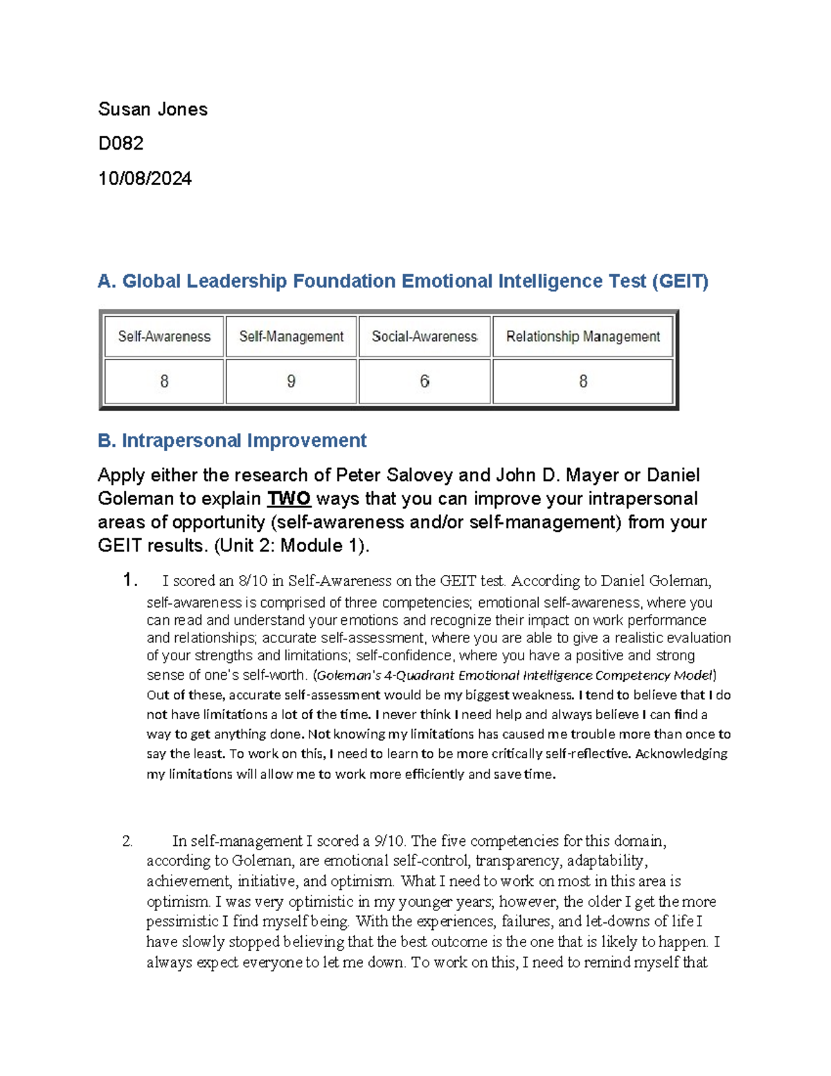 D082 Task 1 - Task 1 - Susan Jones D 10/08/ A. Global Leadership ...
