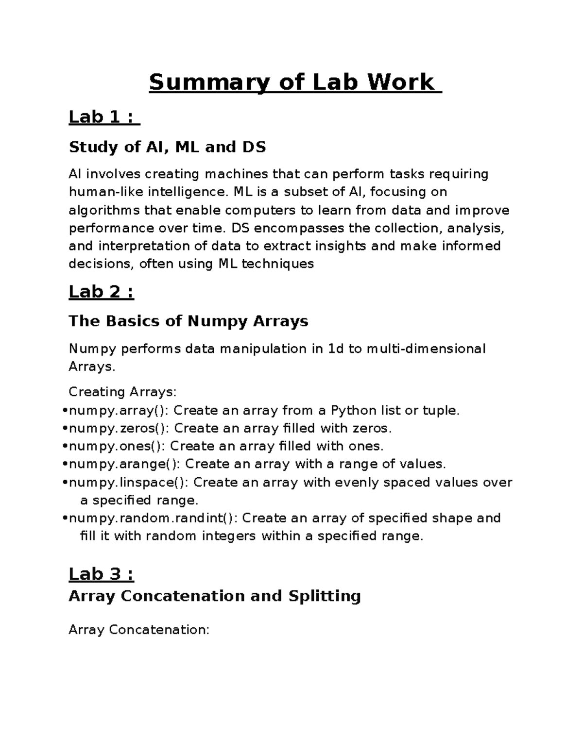 Summary of all Experiments - Summary of Lab Work Lab 1 : Study of AI ...