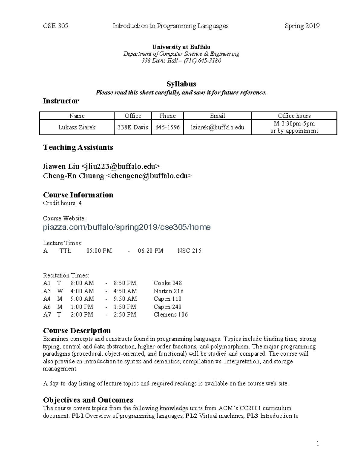 Syllabus Cse 305 Cse 305 Introduction To Programming Languages Spring