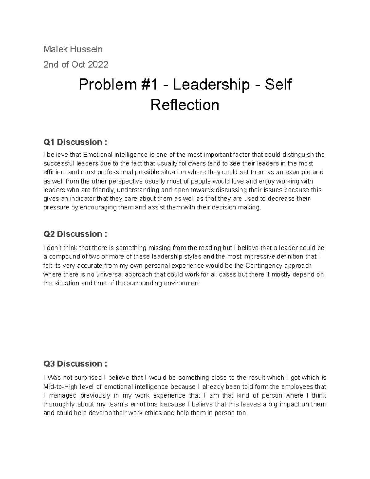 Malek Hussein- problem #1 leadership self refelection - Malek Hussein ...
