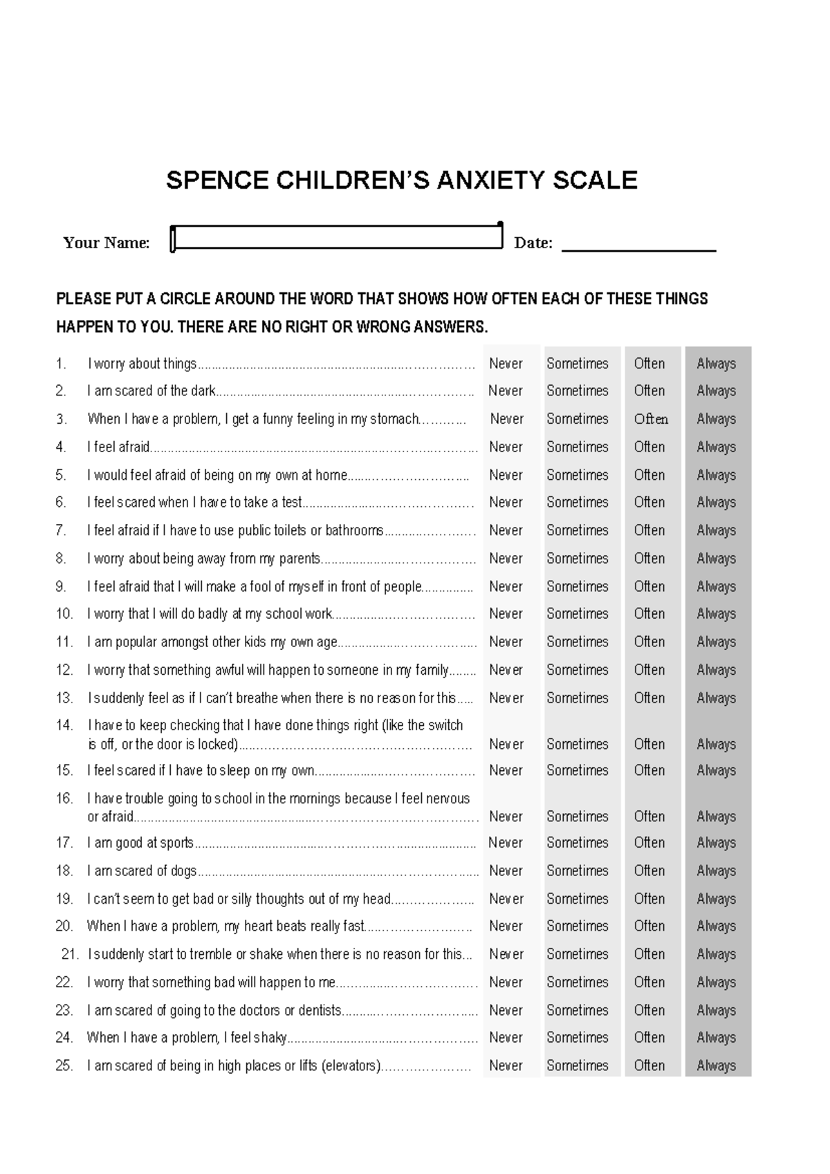 Scas SPENCE CHILDREN S ANXIETY SCALE Is Used To Measure The Anxiety