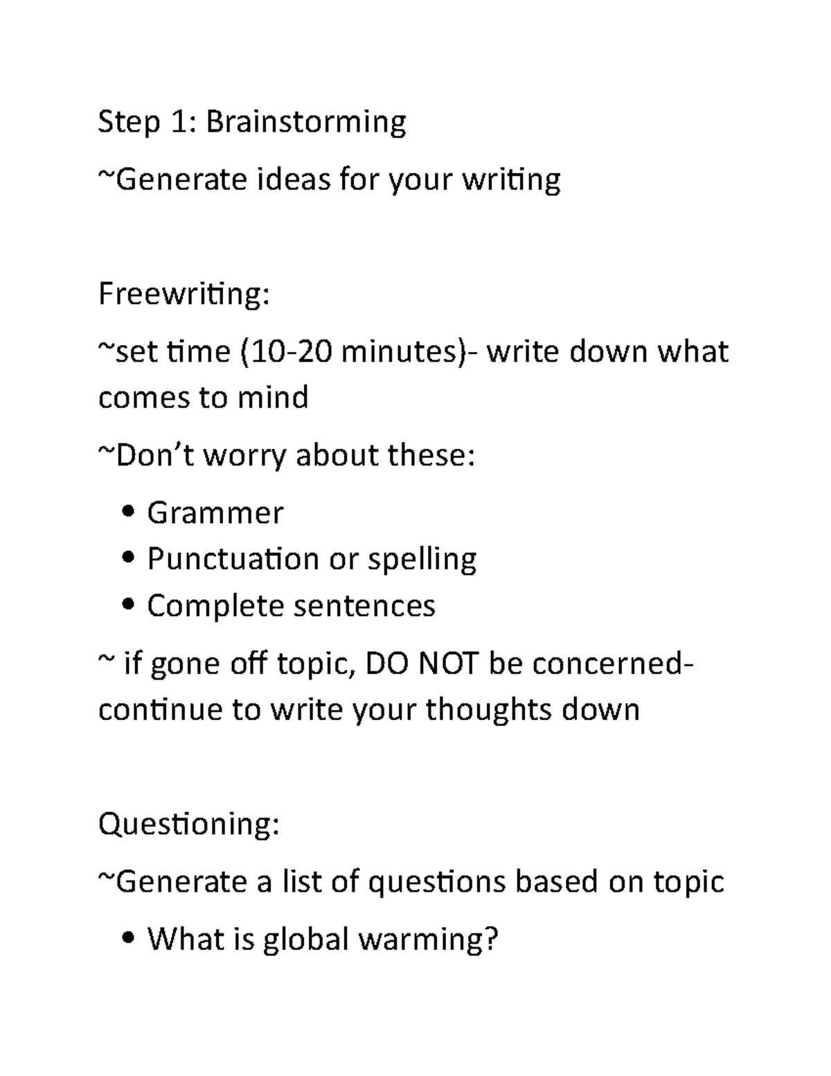 Week 2 lesson the writing process - Step 1: Brainstorming ~Generate ...