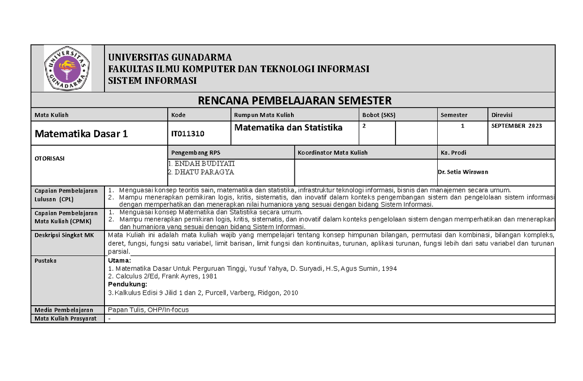RPS Matematika Dasar 1 REV 210923 B - UNIVERSITAS GUNADARMA FAKULTAS ...