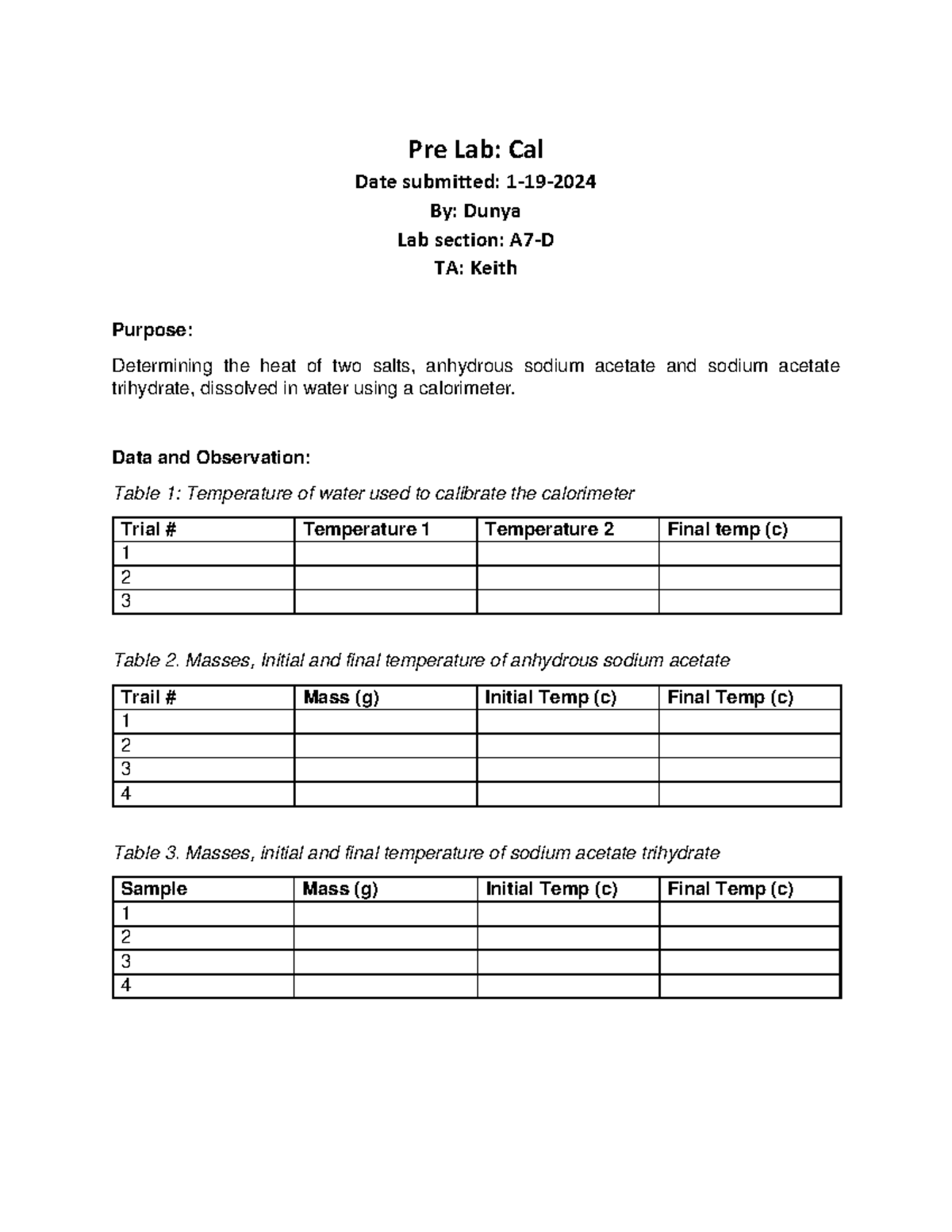 Cal Pre lab - Assignment for pre lab - Pre Lab: Cal Date submitted: 1 ...