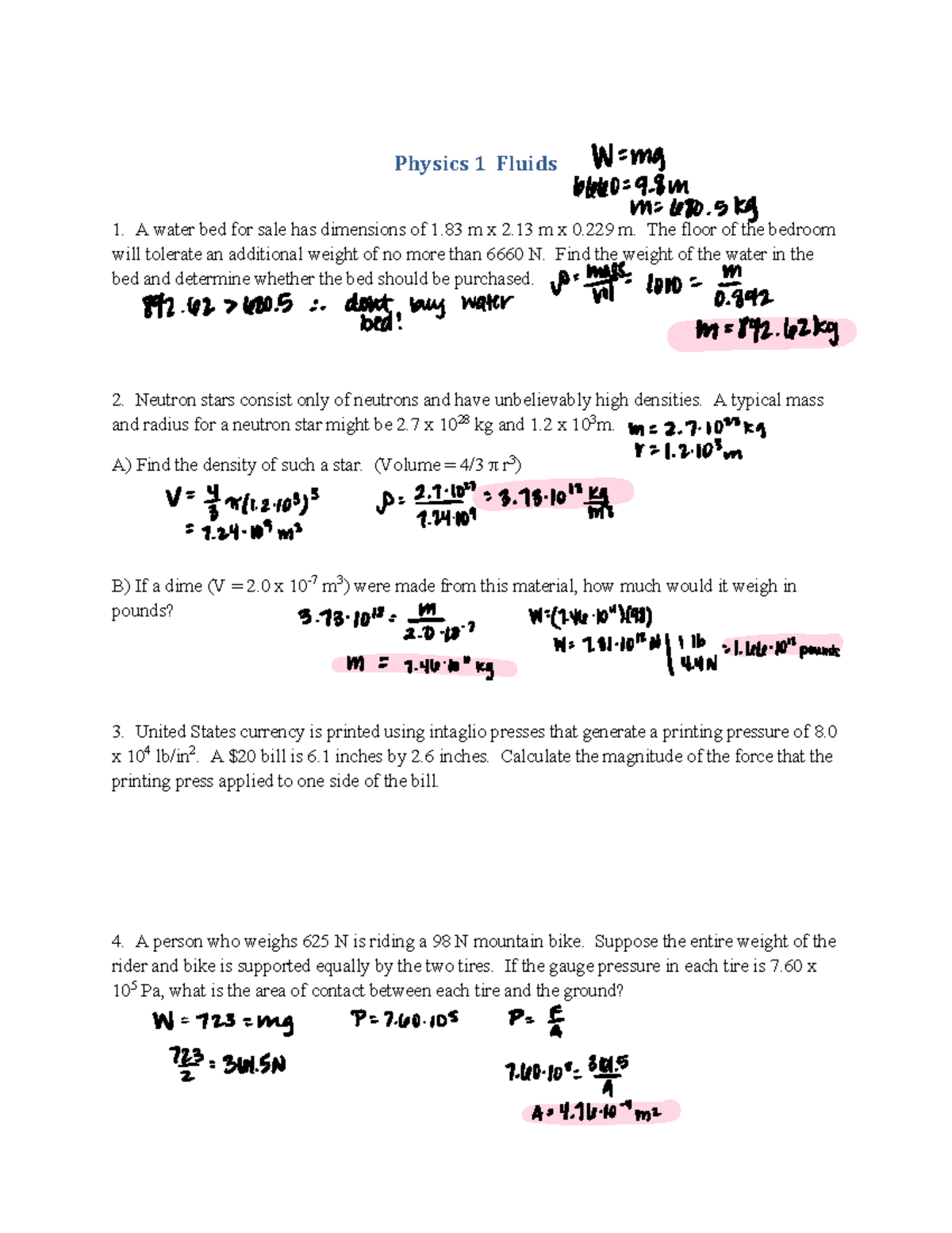 Phys I Fluid+Problems - Class taken with Professor Mattern- assignment covers volume of uniquely ...