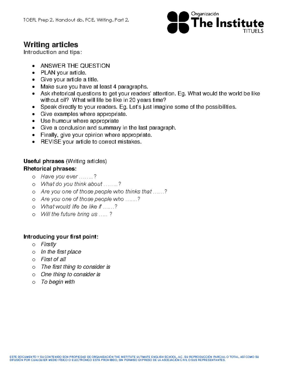6b FCE Writing Part 2 - practice - TOEFL Prep 2. Handout 6b. FCE ...