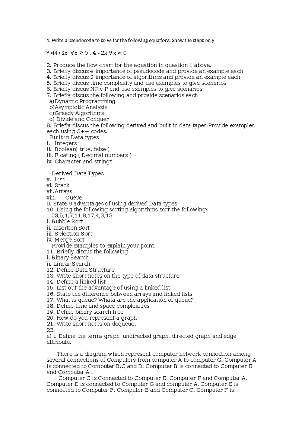 DSA - Assignment - Write a pseudocode to solve for the following ...