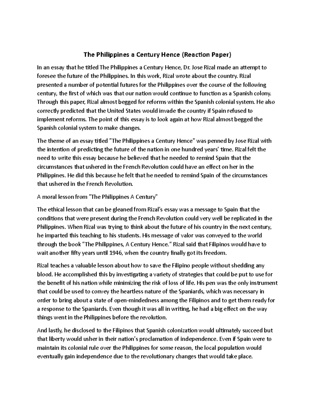 Reaction Paper IN RIZL- JUVY - The Philippines a Century Hence ...
