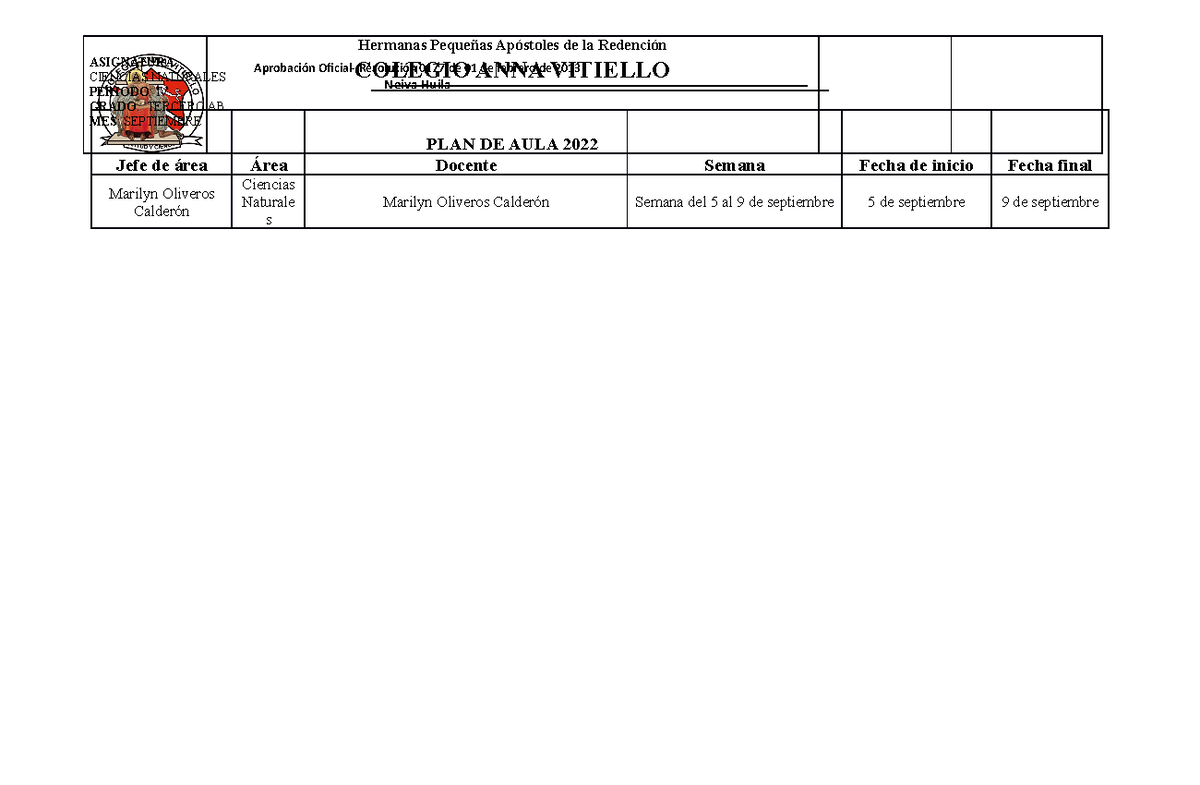 PLAN DE AULA 3AB Septiembre [OK] - Jefe de área Área Docente Semana Fecha de inicio Fecha final ...