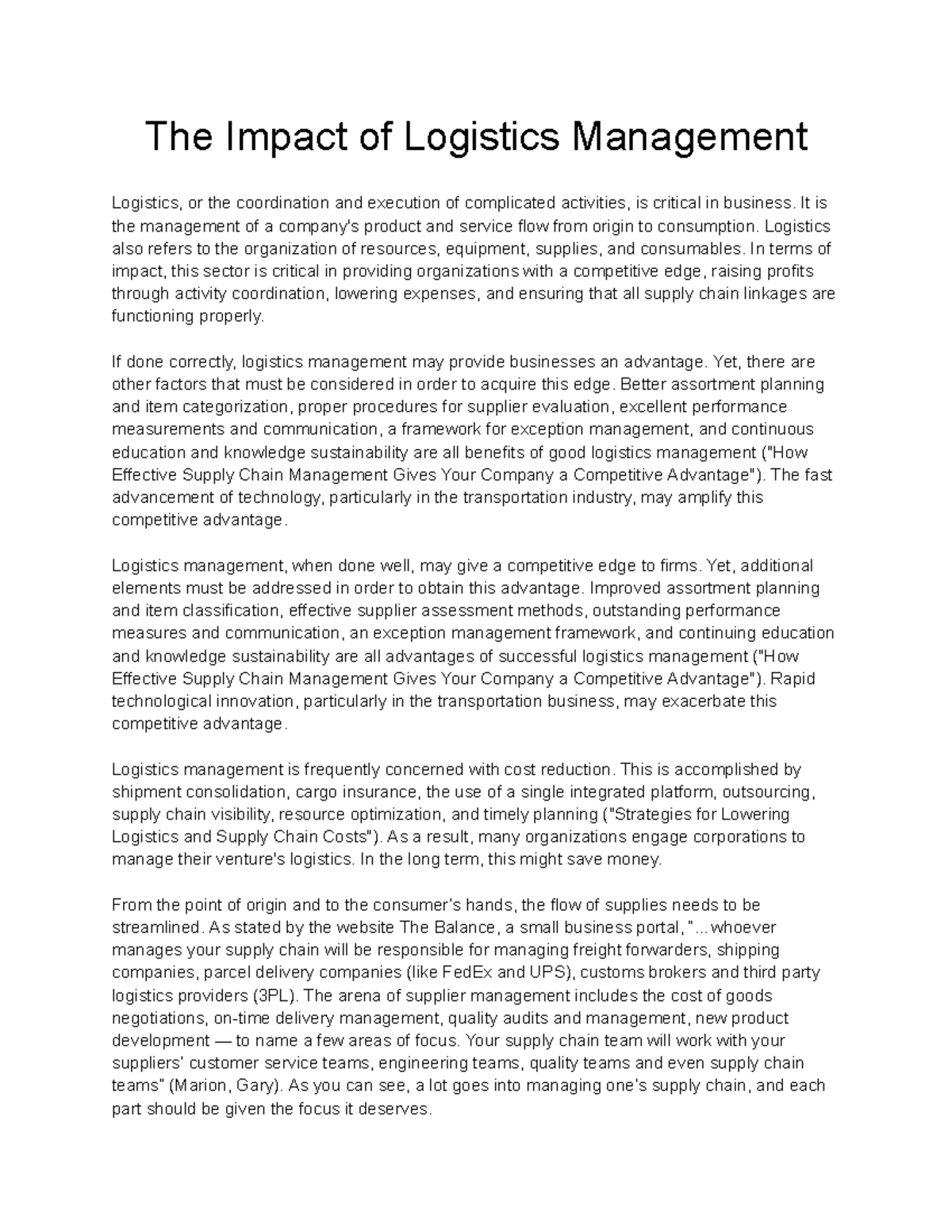 The Impact of Logistics Management - The Impact of Logistics Management ...