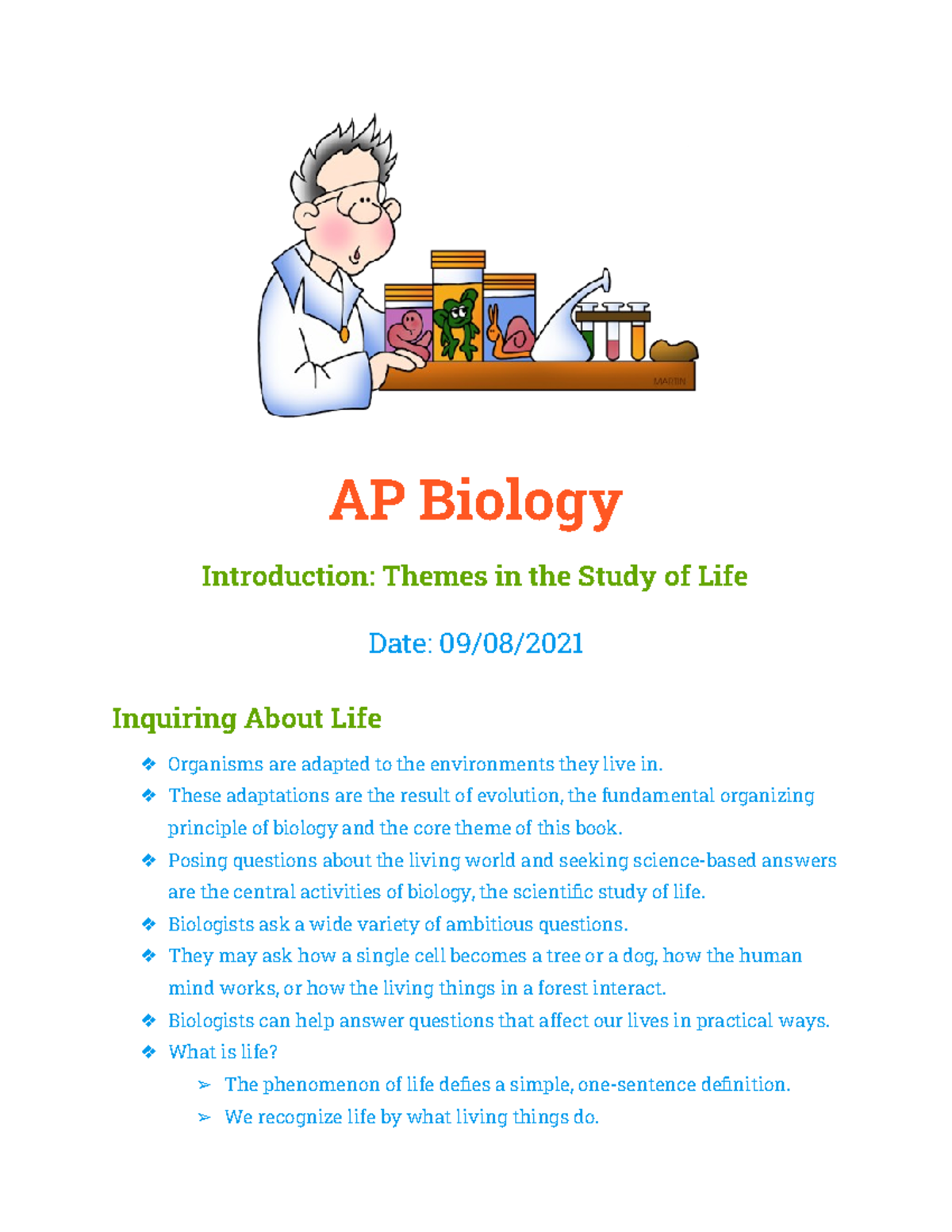 Chapter 1 Outline - AP Biology Introduction: Themes in the Study of ...