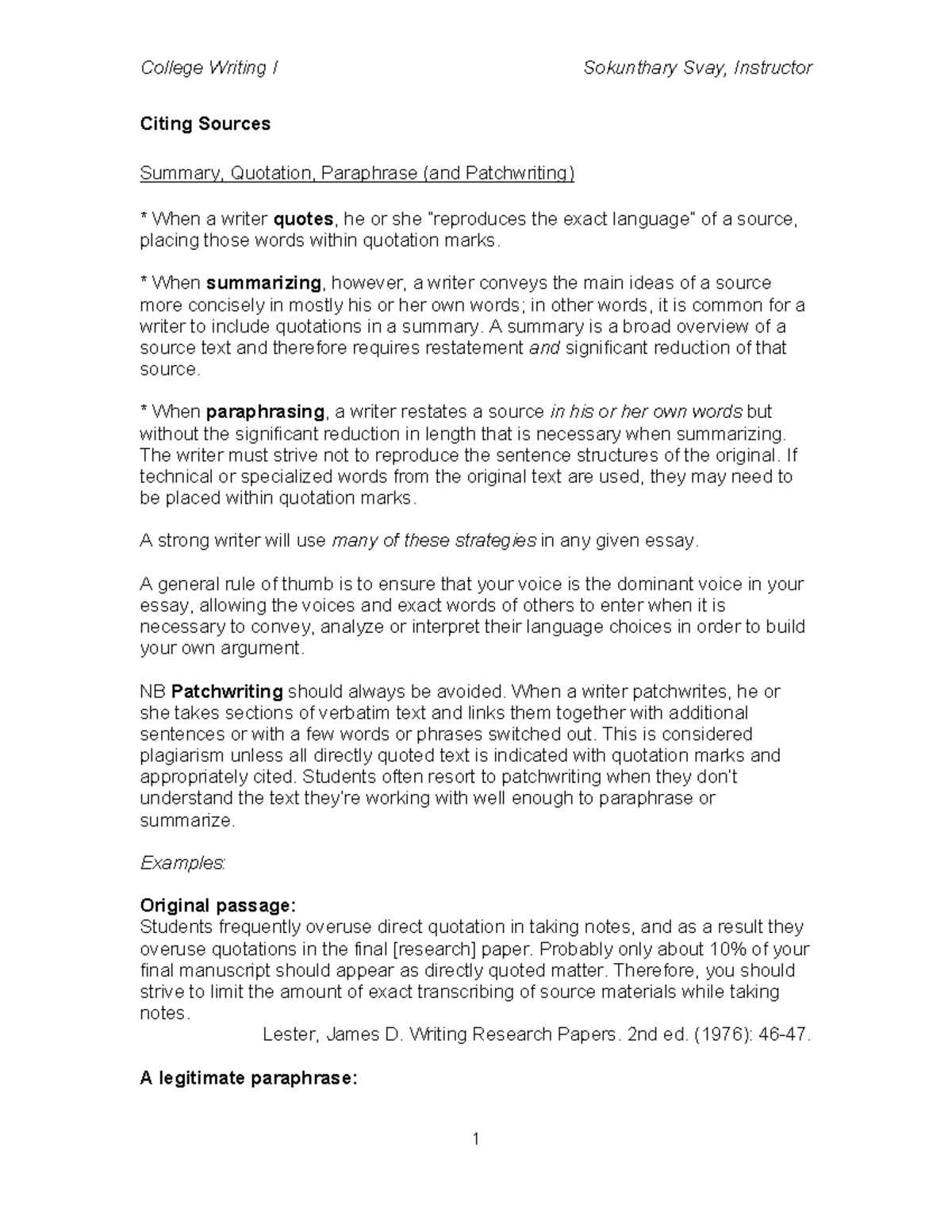 Citing Sources Eng110 - Citing Sources Summary, Quotation, Paraphrase ...