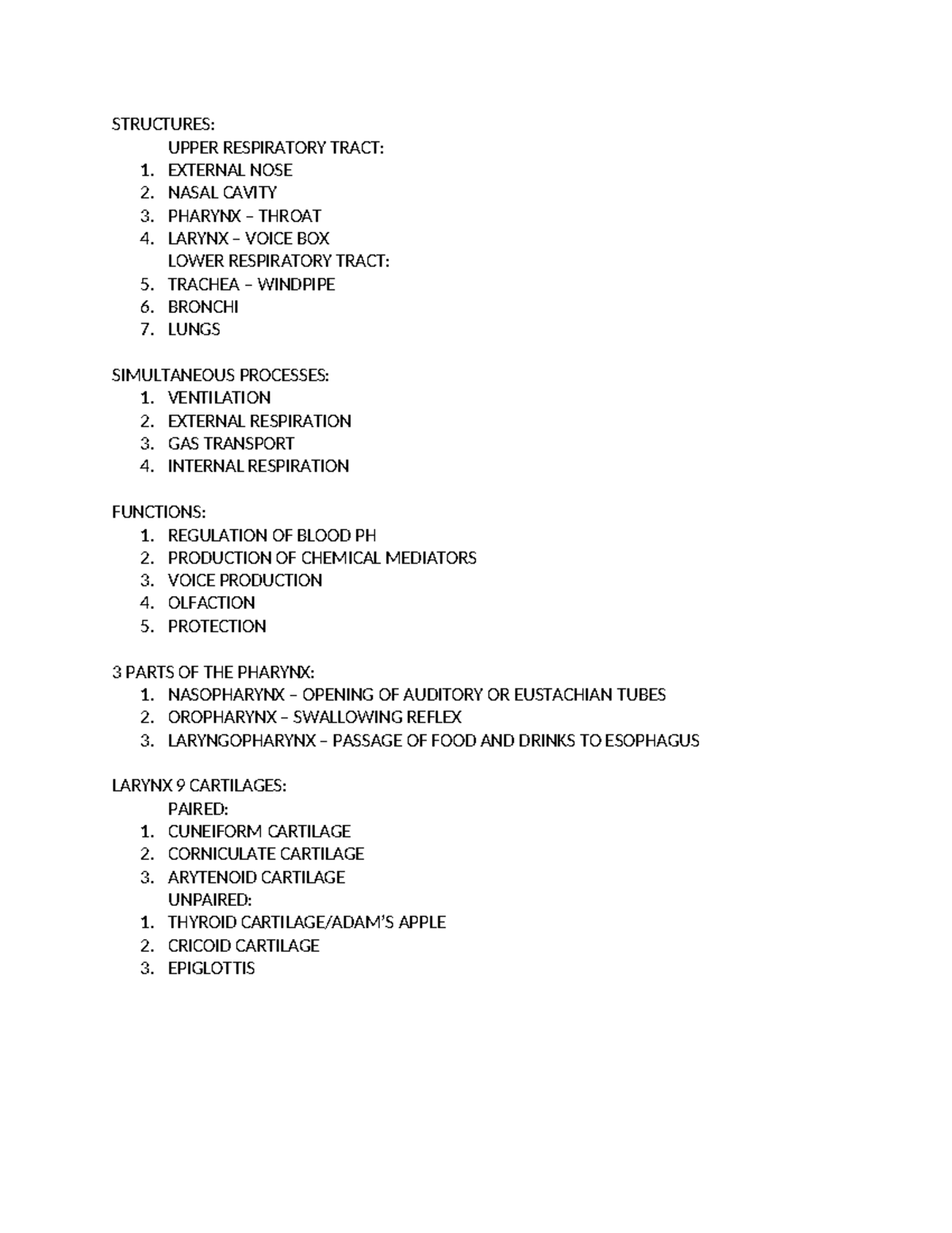 Respiratory Notes - STRUCTURES: UPPER RESPIRATORY TRACT: 1. EXTERNAL ...