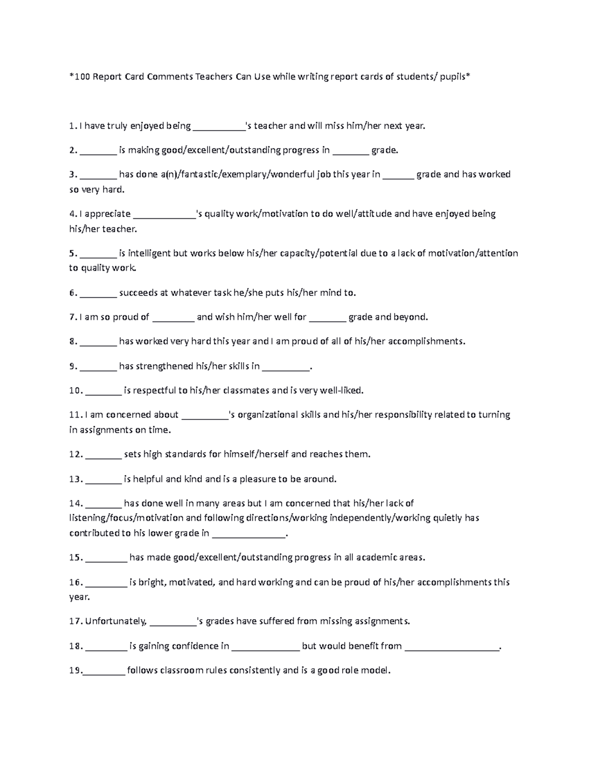 100 Report Card-WPS Office - 100 Report Card Comments Teachers Can Use ...