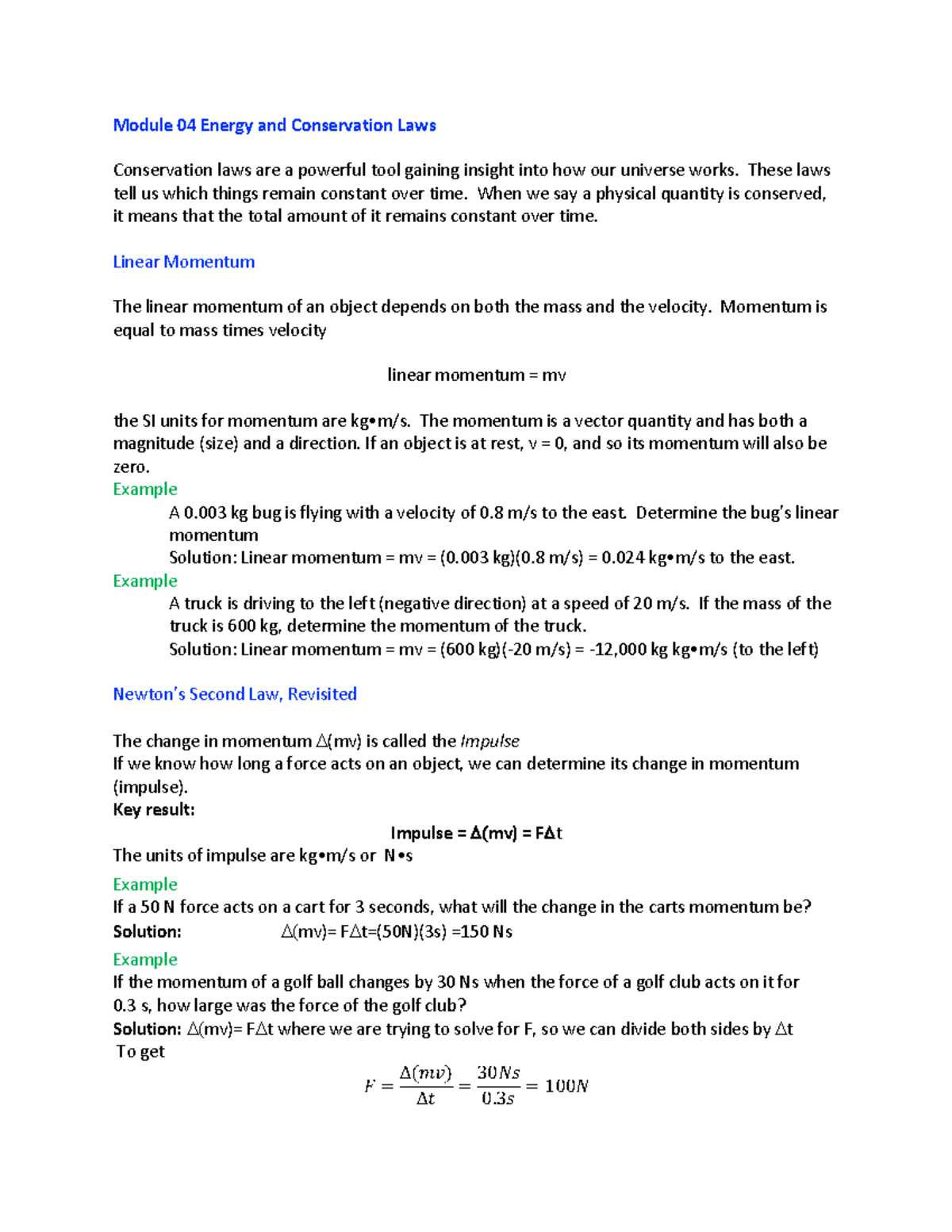 Module 04 Study Guide Part 1 - Module 04 Energy and Conservation Laws ...